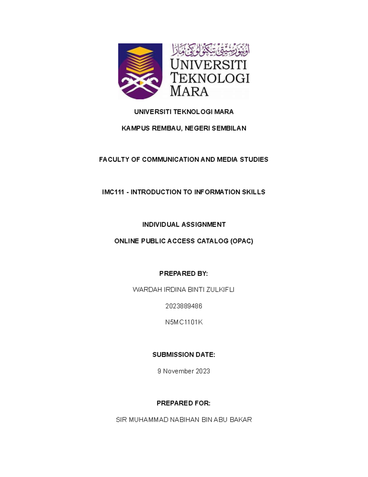 OPAC merged - UNIVERSITI TEKNOLOGI MARA KAMPUS REMBAU, NEGERI SEMBILAN ...