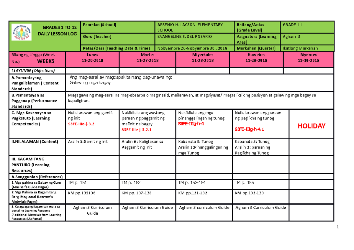 Agham 3 Q3 Week 4 Nobyembre 26-Nobyembre 30, 2018 - Paaralan (School ...