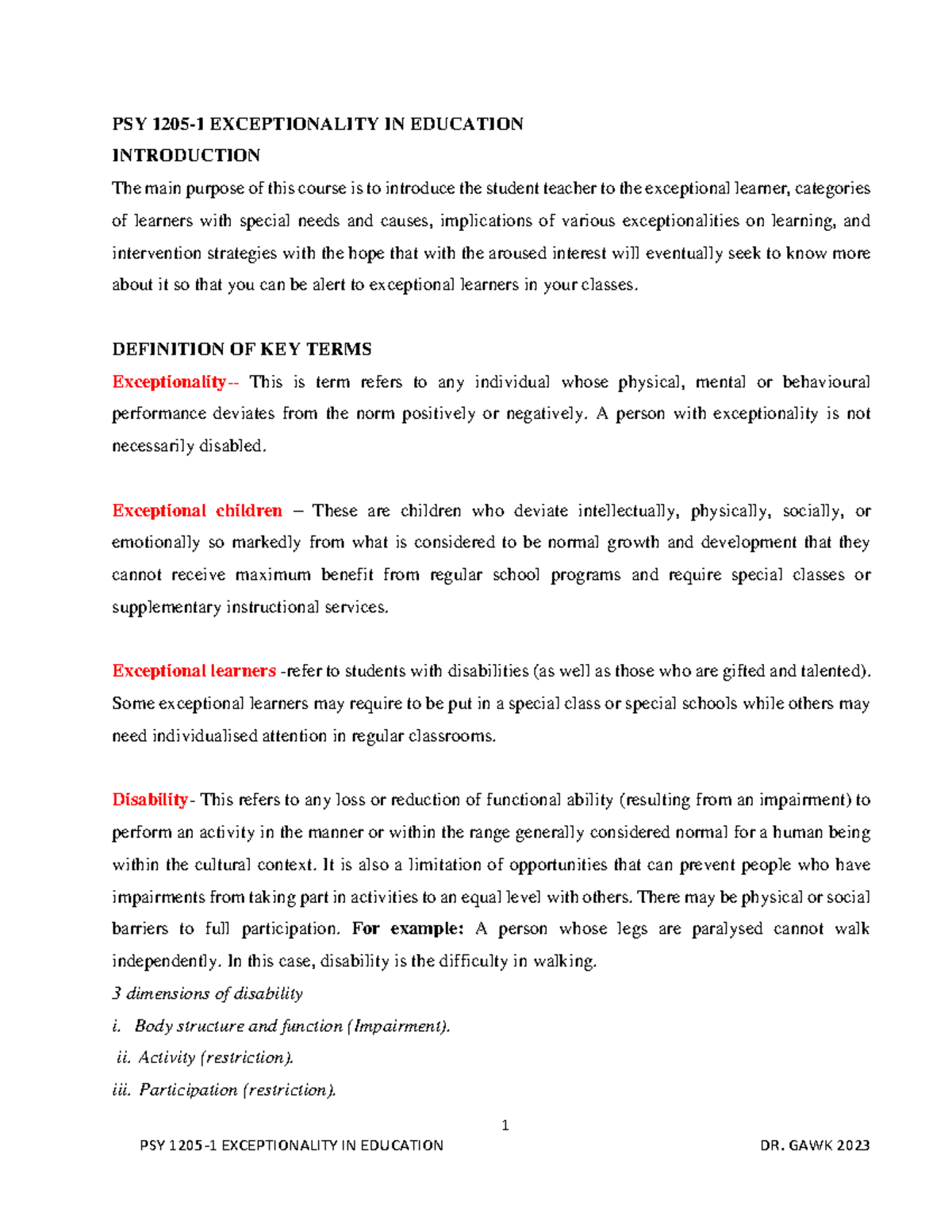 2023 PSY 1205-1 Exceptionality IN Education Notes - 1 PSY 1205-1 ...