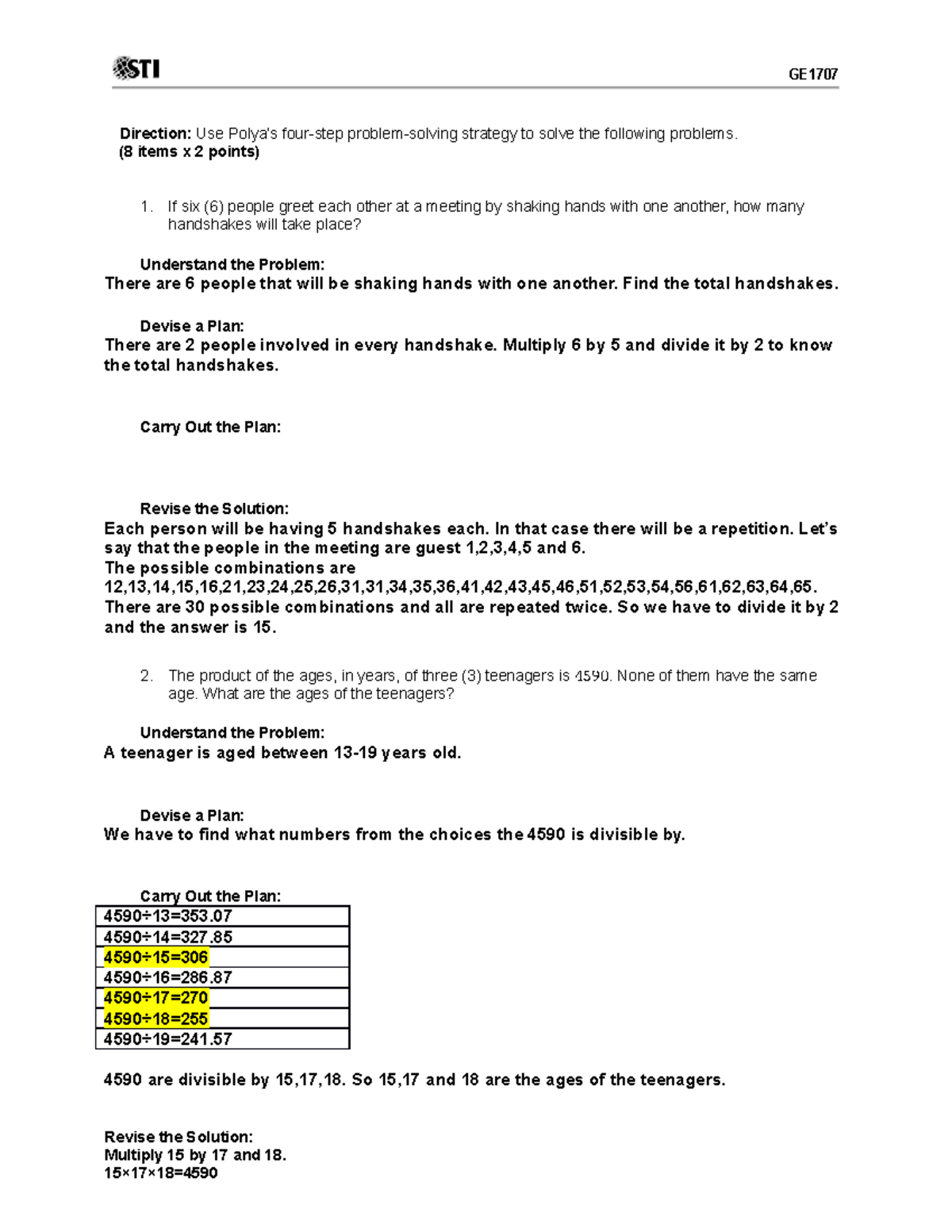 03 Seatwork 3(10) - GE Direction: Use Polya’s four-step problem-solving strategy to solve the ...