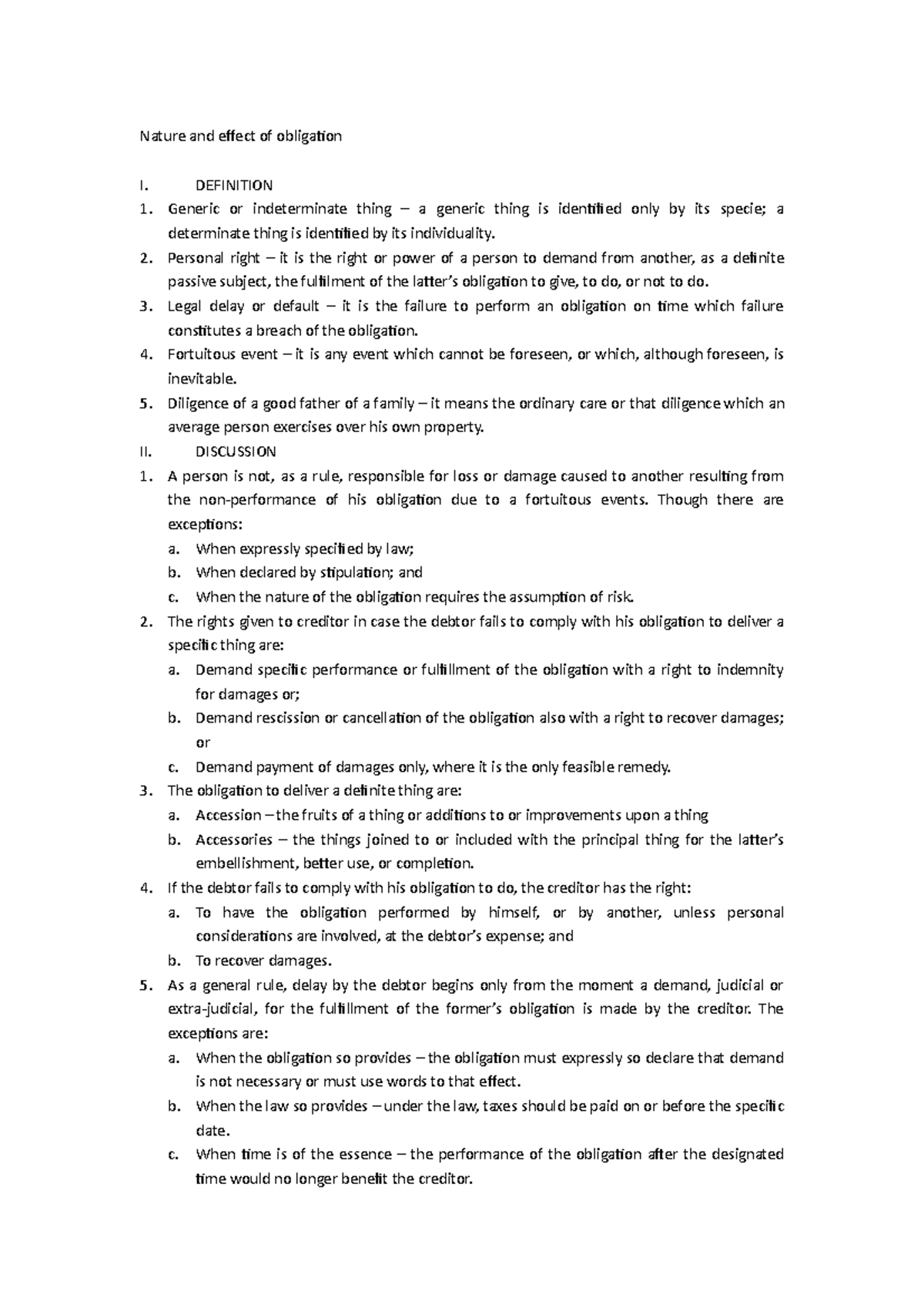 Nature and effect of obligation - DEFINITION Generic or indeterminate ...