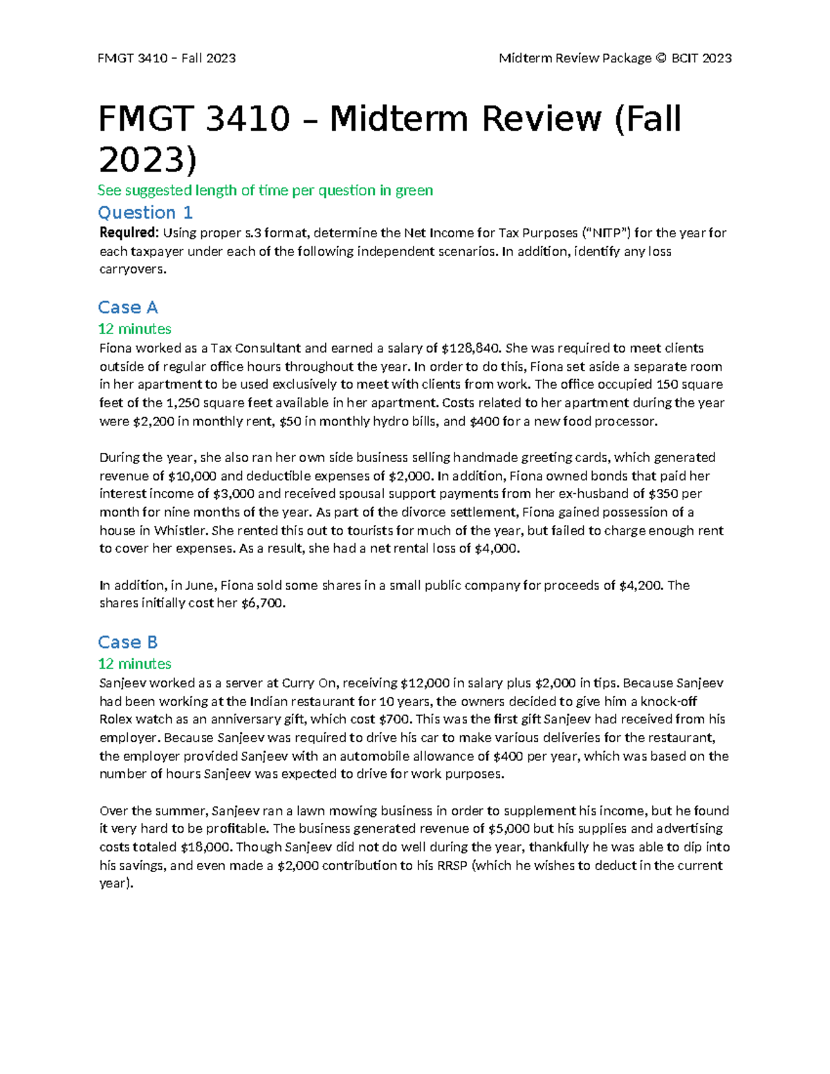 2023 FMGT 3410 Midterm Review Package - FMGT 3410 – Midterm Review (Fall 2023) See suggested ...