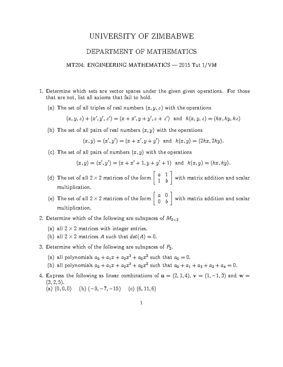 2015 Tut 1 - Difficult - UNIVERSITY OF ZIMBABWE DEPARTMENT OF ...