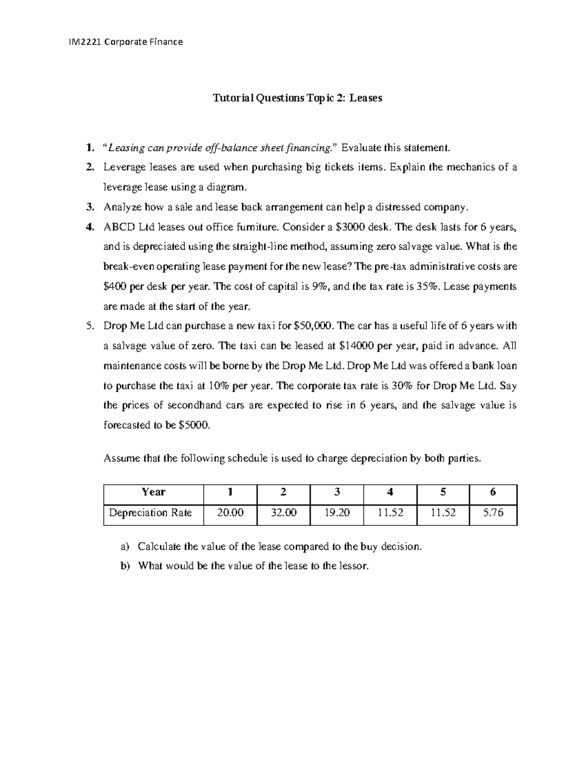 Tutorial Questions Topic 2 - IM2221 Corporate Finance Tutorial ...