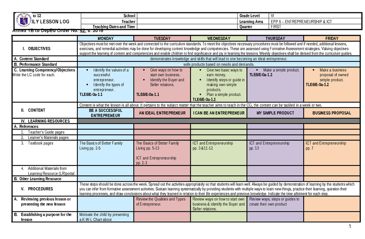 ICT - GRADE 1 to 12 DAILY LESSON LOG School Grade Level VI Teacher ...