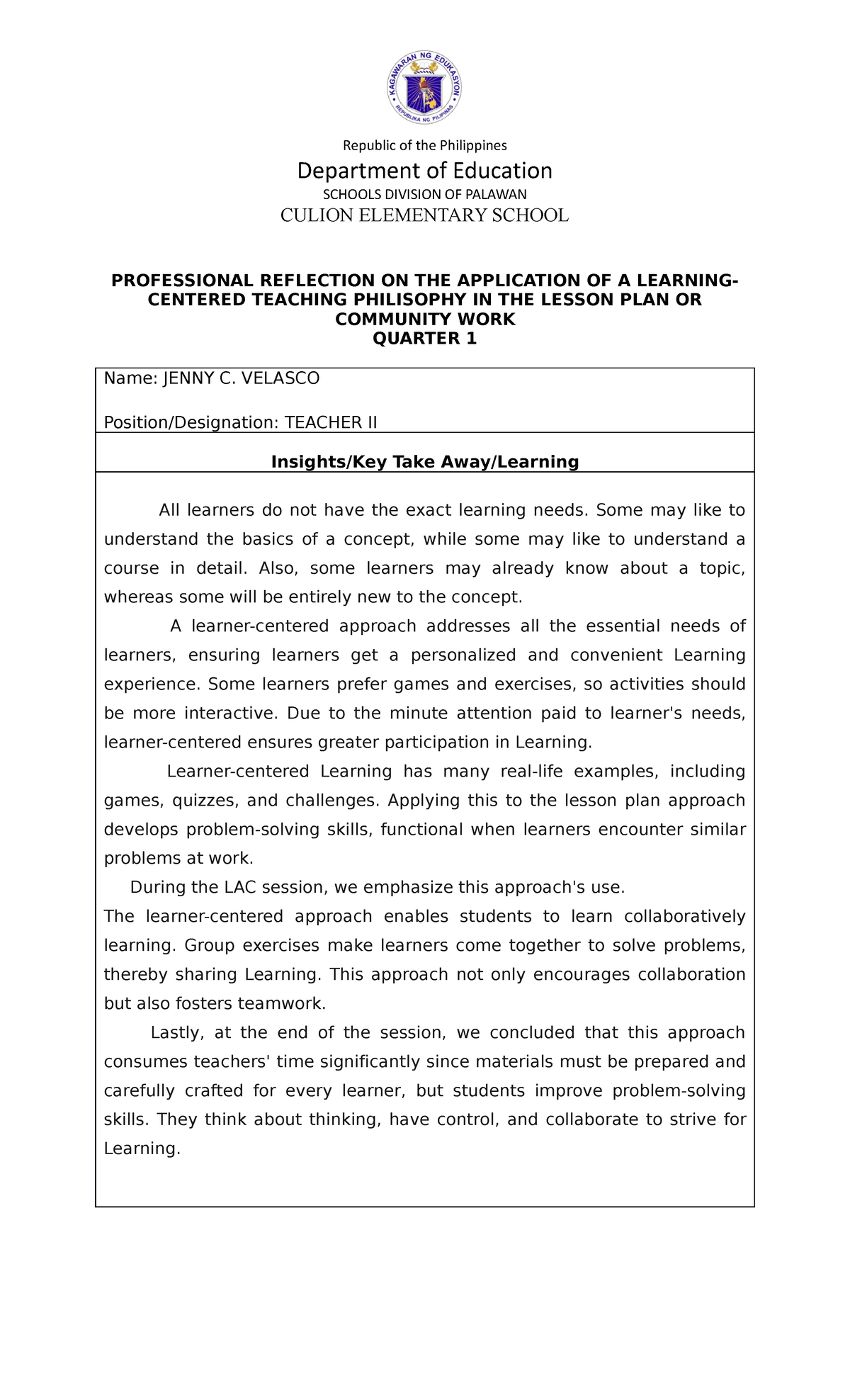 13 Reflection. Journal - Republic of the Philippines Department of ...