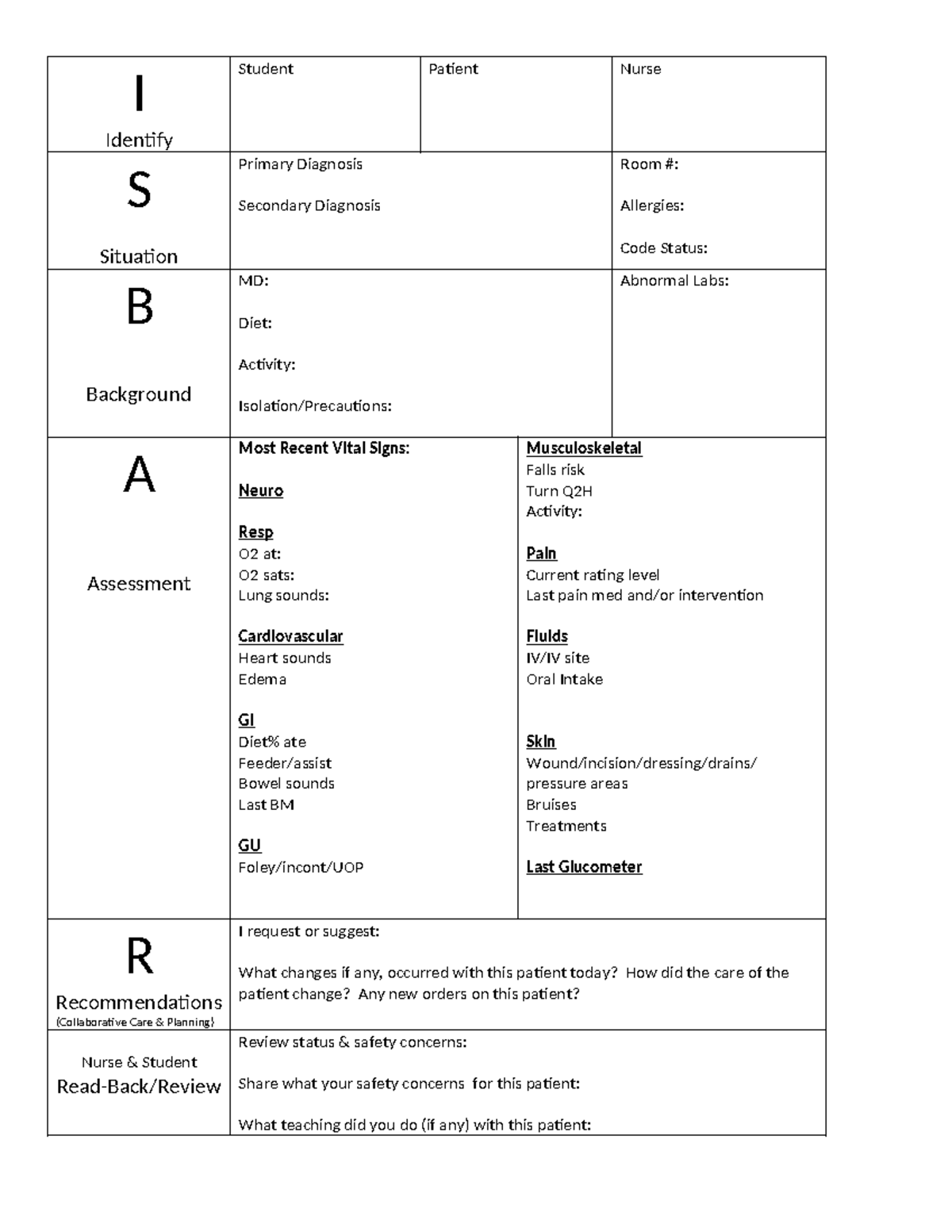 Isbarr student report form F 23 - I Identify Student Patient Nurse S ...