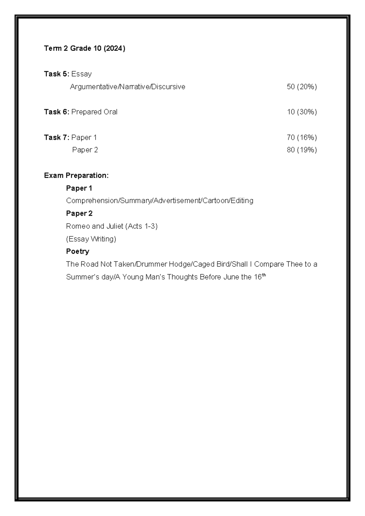 Grade 10 Term 2 2024 - Term 2 Grade 10 (2024) Task 5: Essay ...