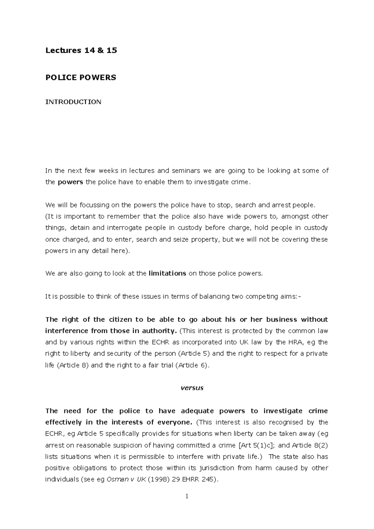 Public Law Lectures 14 and 15 Police Powers Student Notes - Lectures 14 ...
