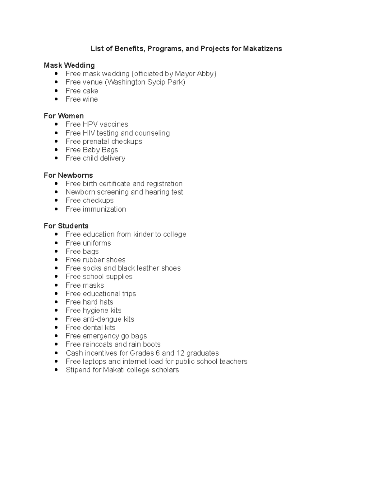List of Benefits, Programs, and Projects for Makatizens - Studocu
