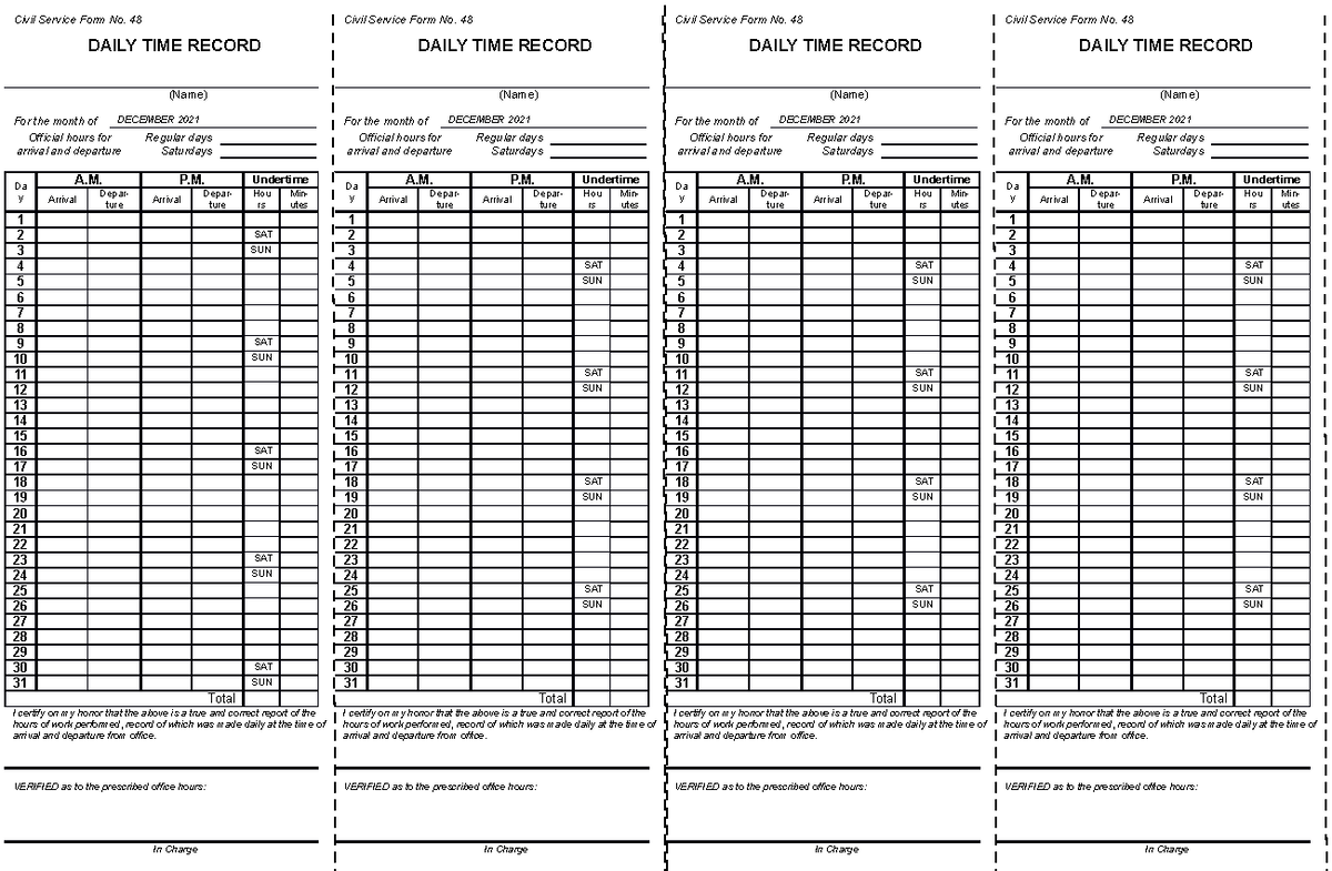 Digital Daily Time record DTR December 2021 - Civil Service Form No. 48 ...