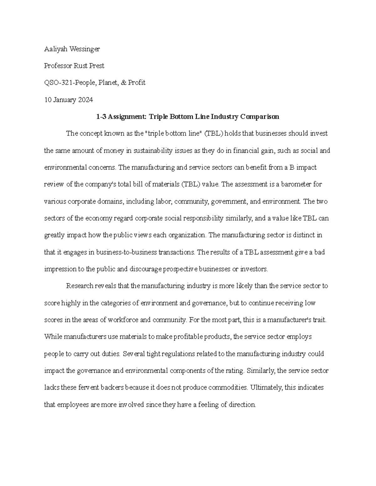 1-3 Assignment Triple Bottom Line Industry Comparison - The ...