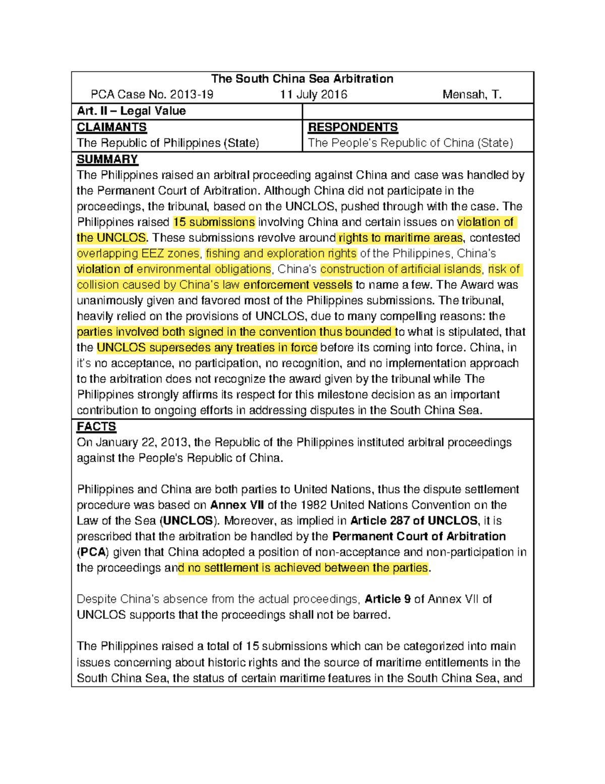 South China Sea Arbitration - Case Digest - The South China Sea Arbitration PCA Case No. 2013 ...