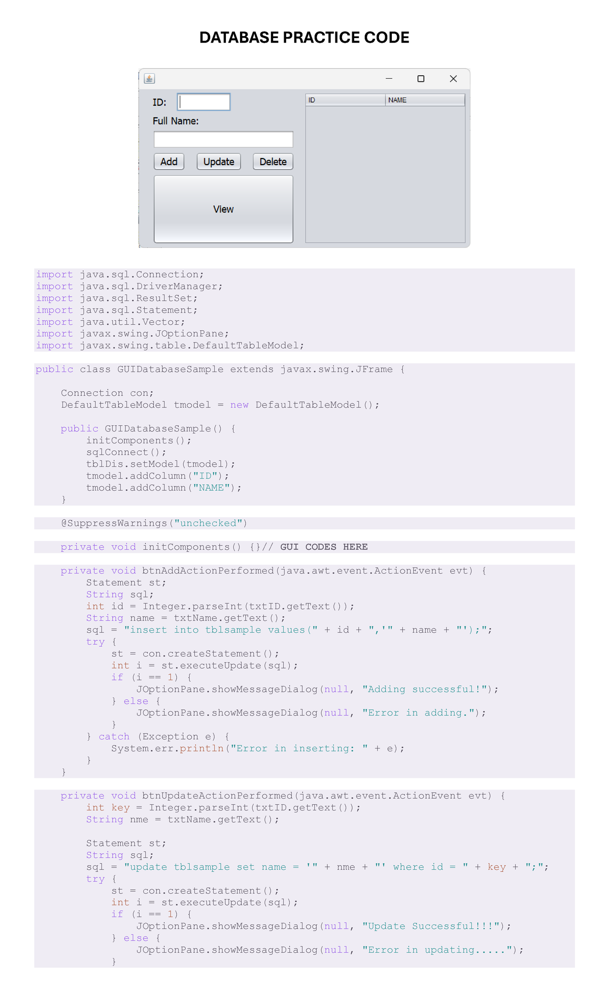 GUI-Database-Practice-One - DATABASE PRACTICE CODE import java.sql ...