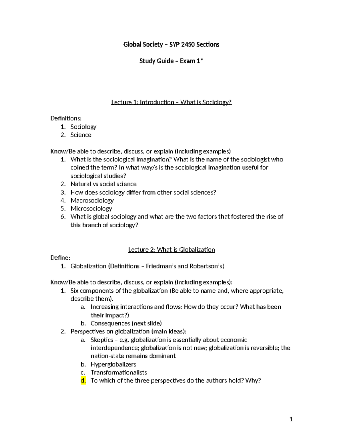 Study Guide for Exam 1 - Global Society – SYP 2450 Sections Study Guide ...