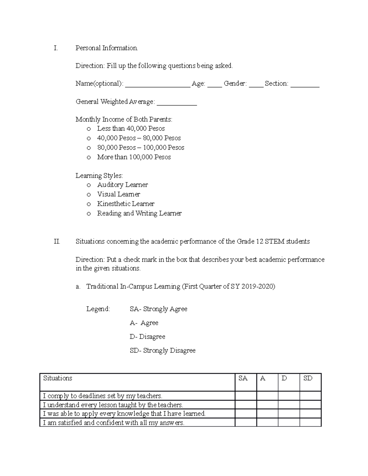 Practical- Research- Questionnaire - I. Personal Information. Direction ...