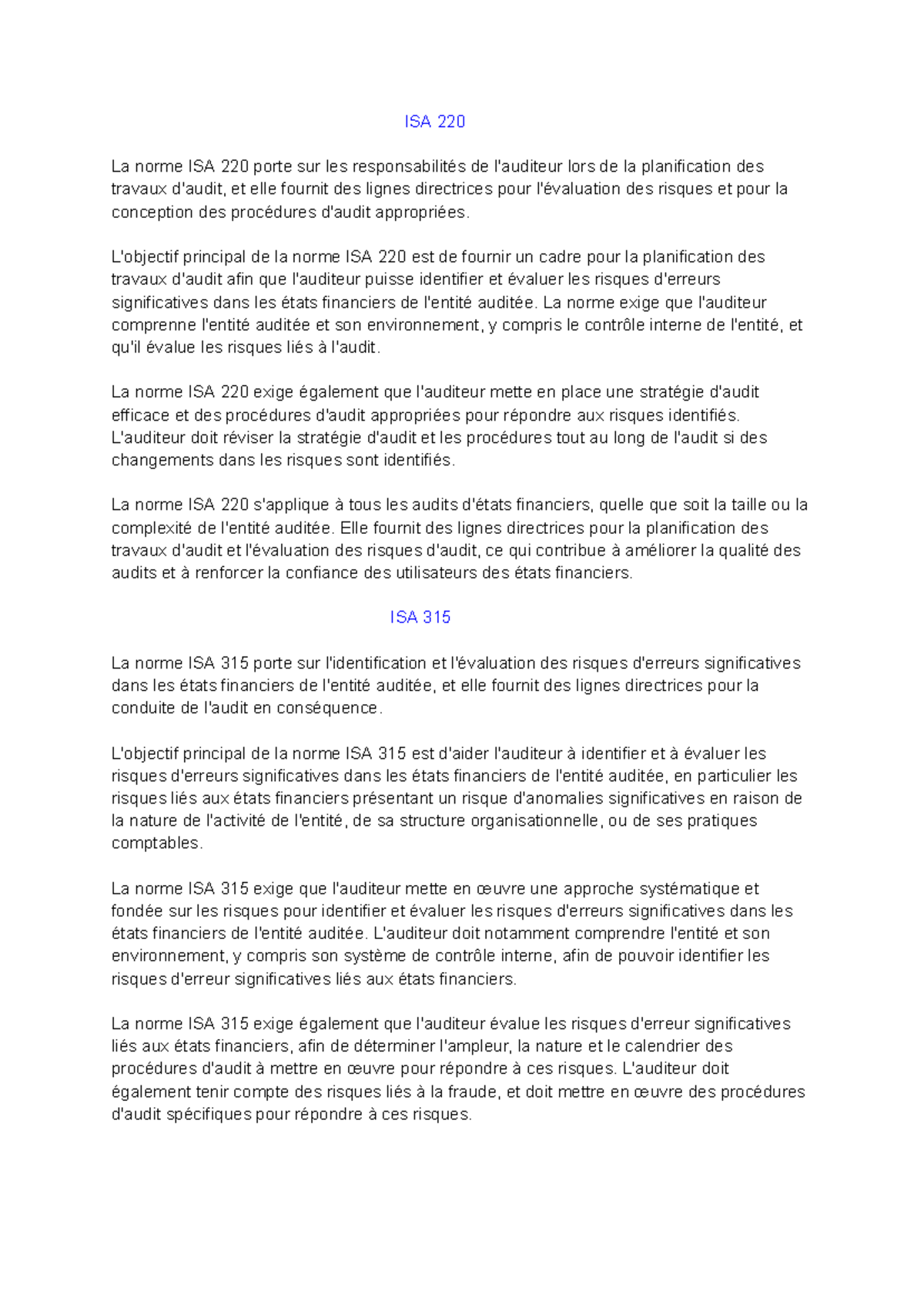 Les Normes ISA - Summary audit financier - ISA 220 La norme ISA 220 ...