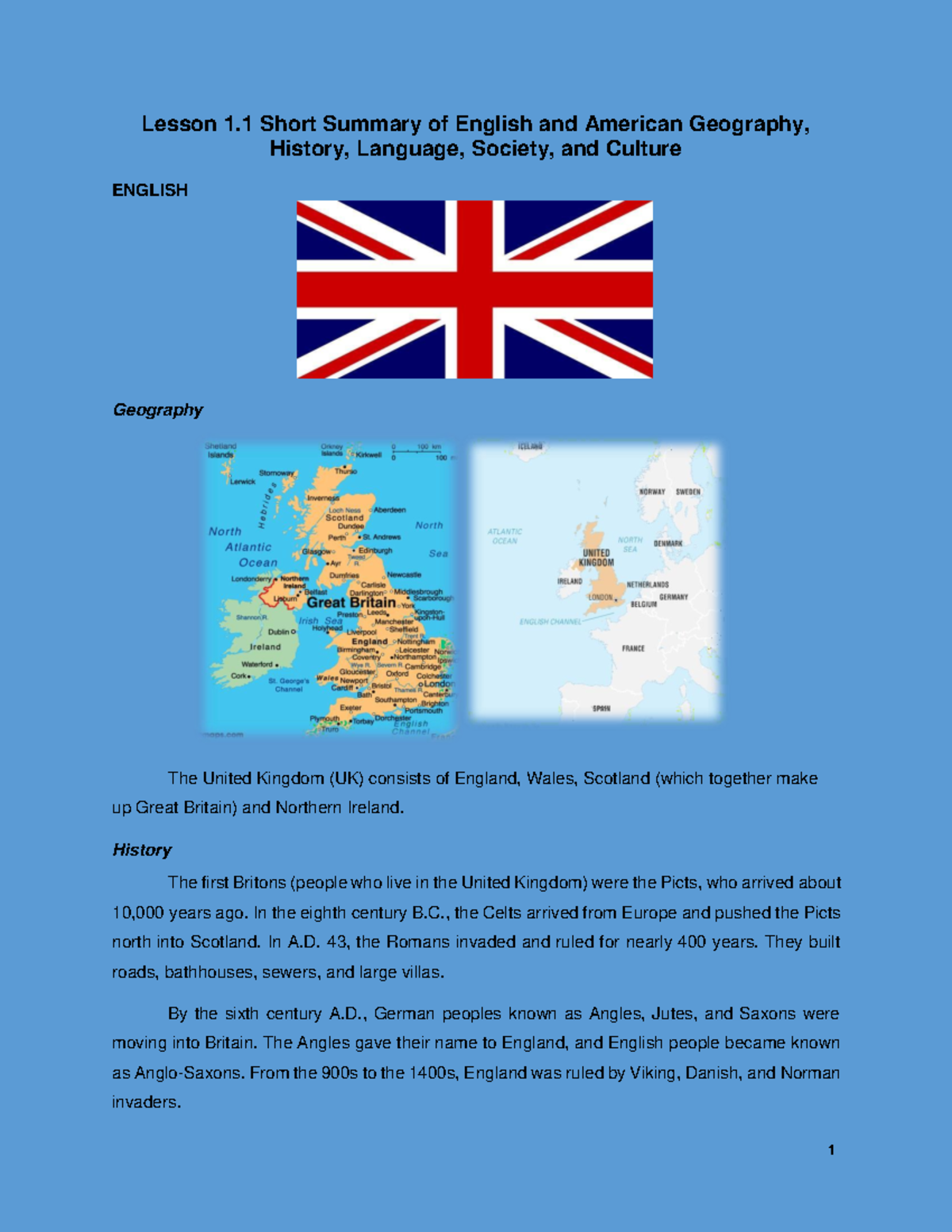 Module 1 Contents namlit - Lesson 1 Short Summary of English and ...