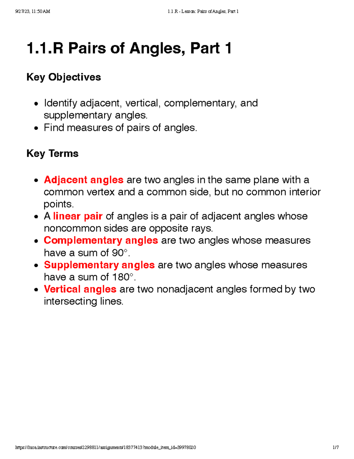 Pairs of Angles: Identifying Finding Measures Complementary and Supplementary - Studocu