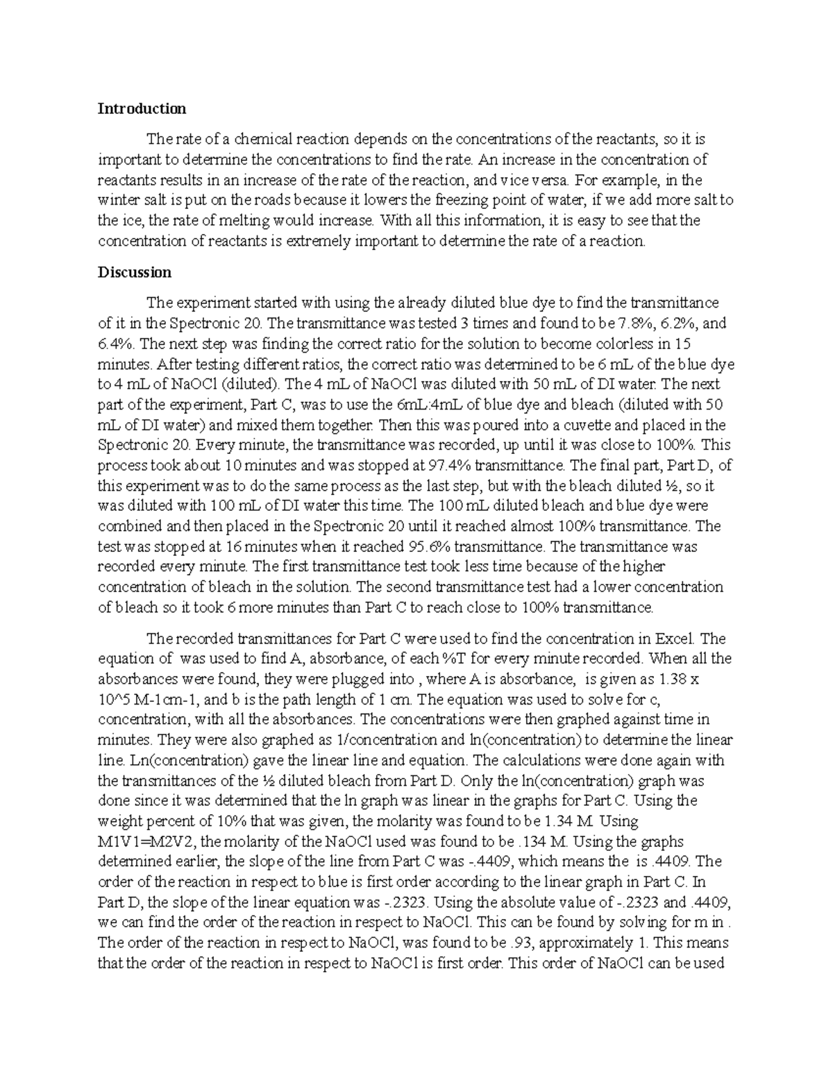 C126 Kinetics summary - Introduction The rate of a chemical reaction ...