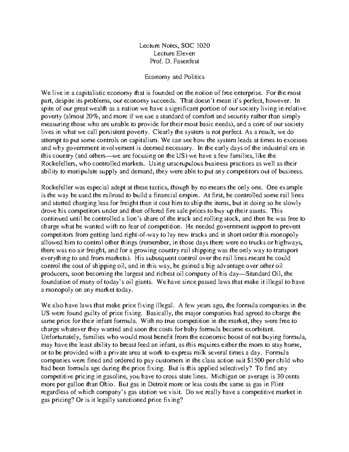 Lecture 10 Economy and Politics - Lecture Notes, SOC 1020 Lecture ...