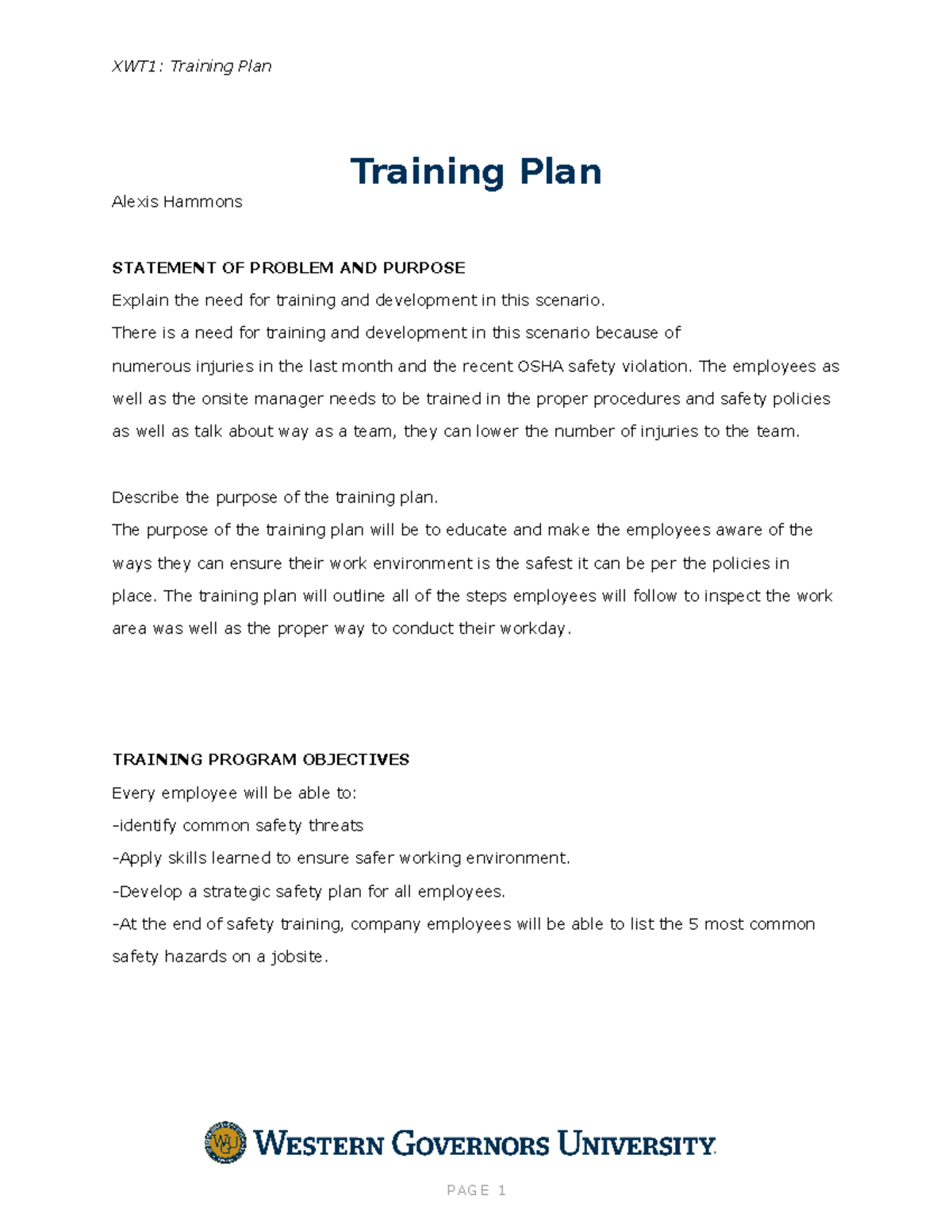 Training Plan Task 1 - XWT1: Training Plan Training Plan Alexis Hammons ...