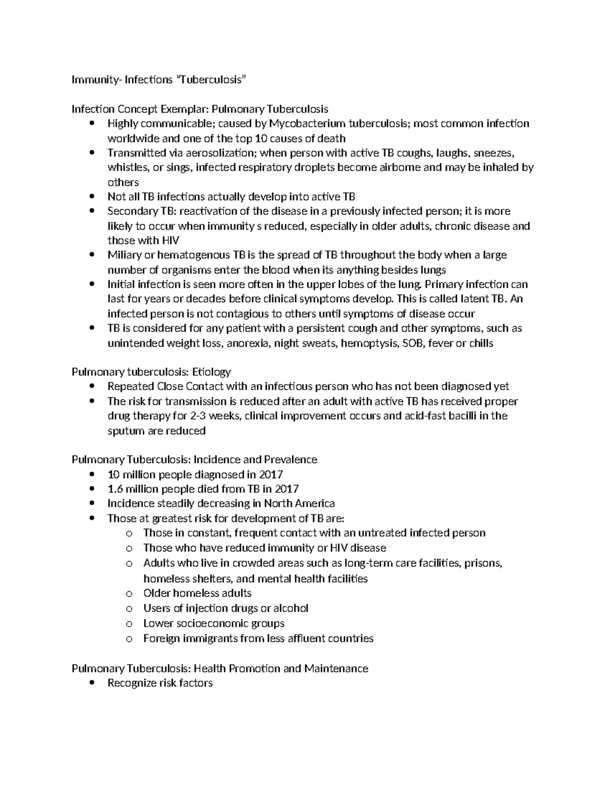 Tuberculosis Notes - Immunity- Infections “Tuberculosis” Infection ...