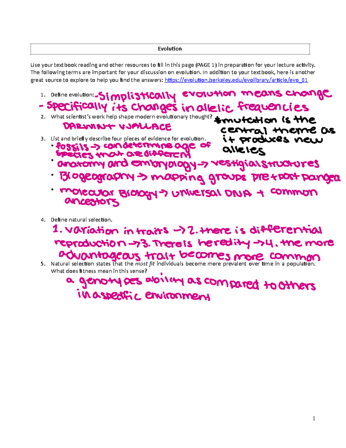 BIO 1110 Evolution Module - Use your textbook reading and other ...