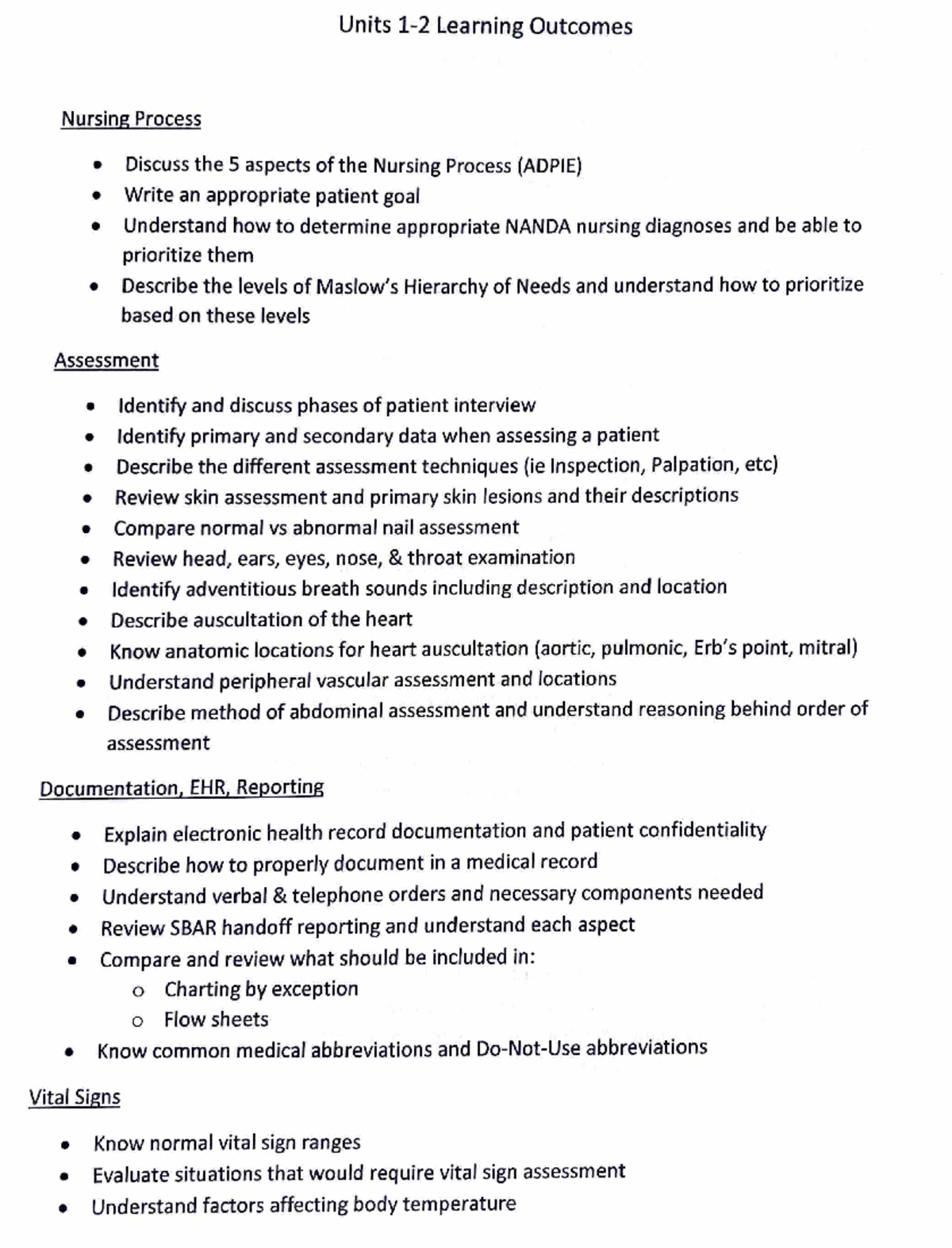 Unit 1-2 Learning Outcomes - Units 1-2 Learning Outcomes Nursing Process Discuss the 5 aspects ...