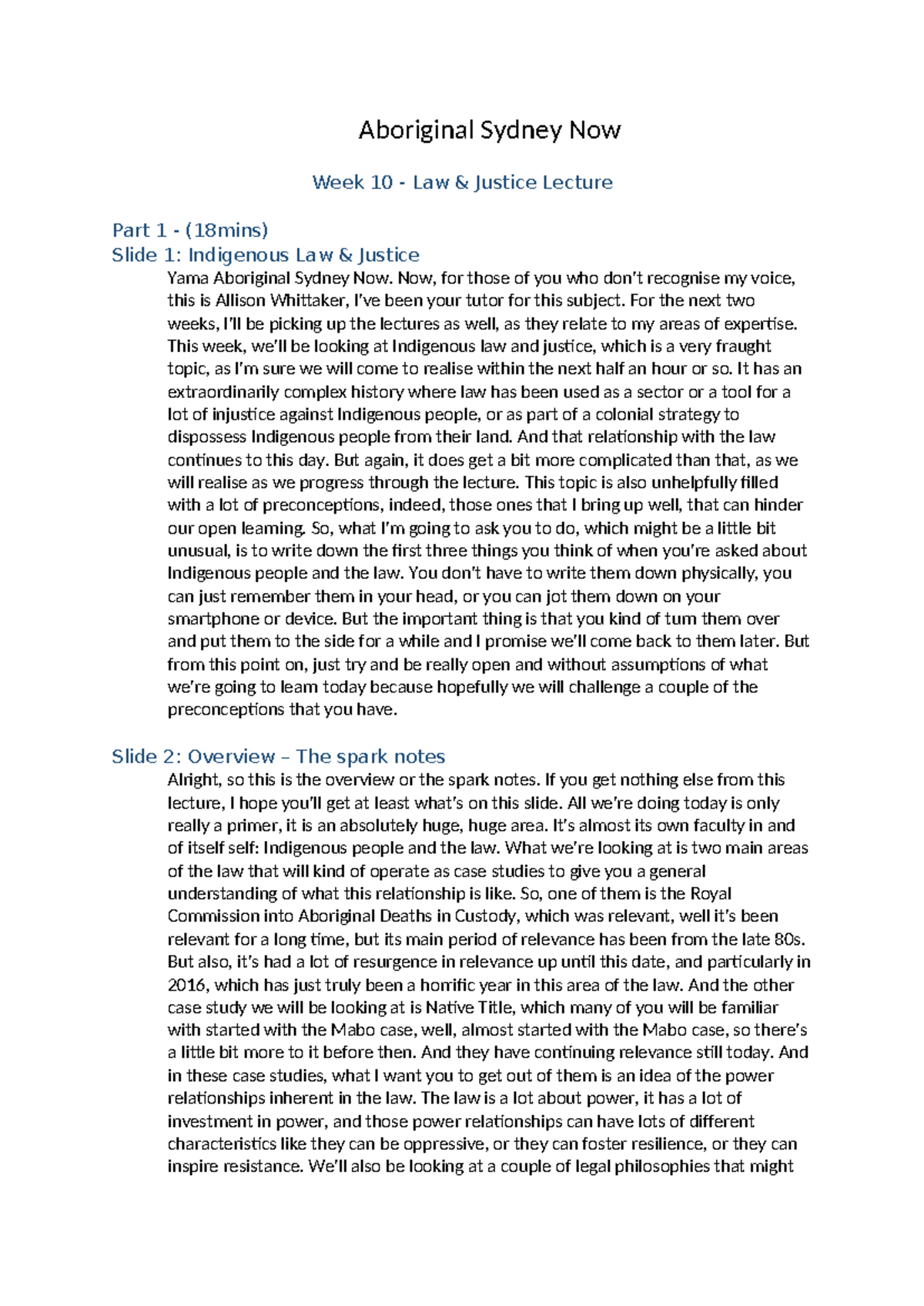 Week 10 - Law & Justice lecture transcript - Aboriginal Sydney Now Week ...