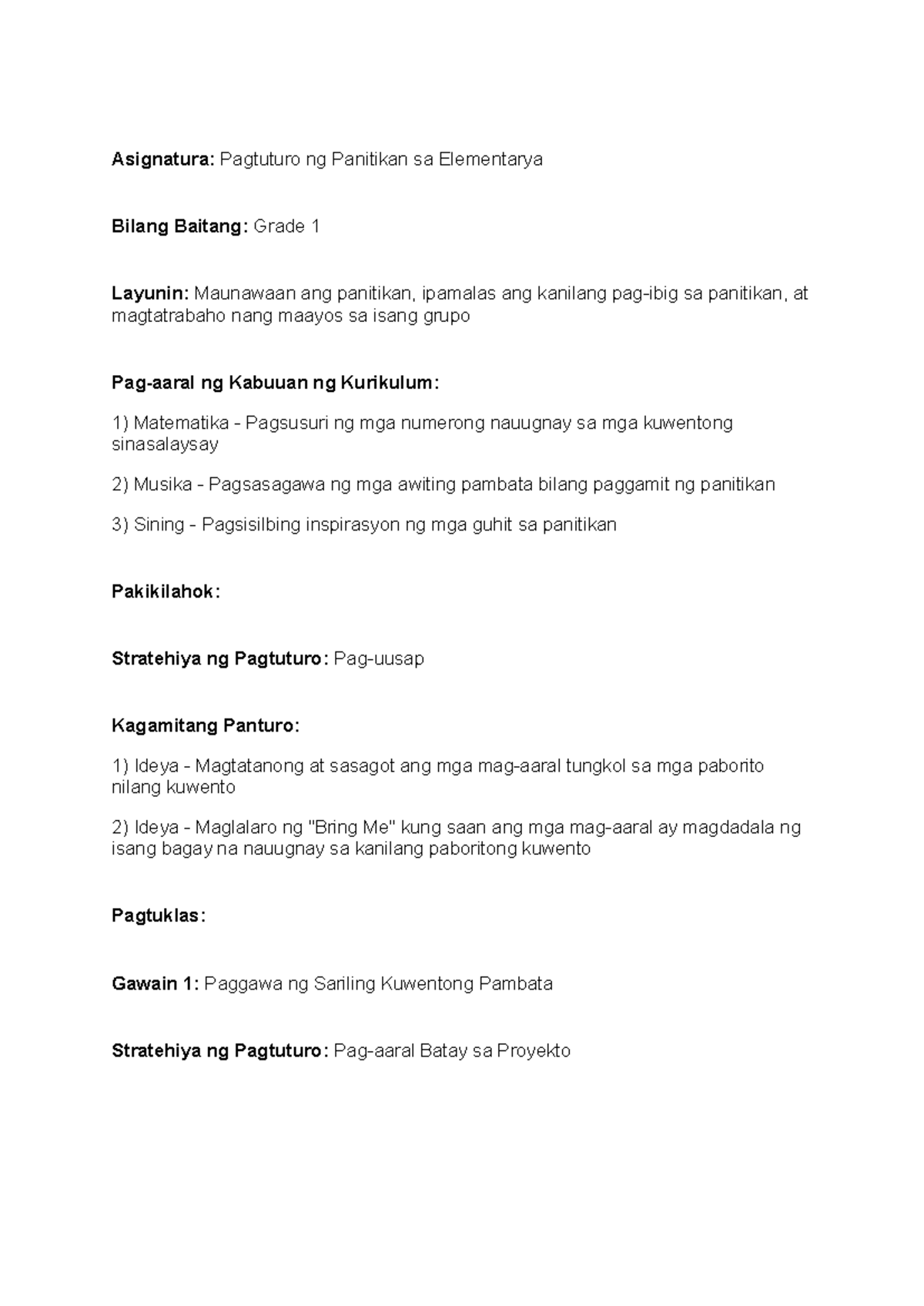 Lesson plan - Asignatura: Pagtuturo ng Panitikan sa Elementarya Bilang ...
