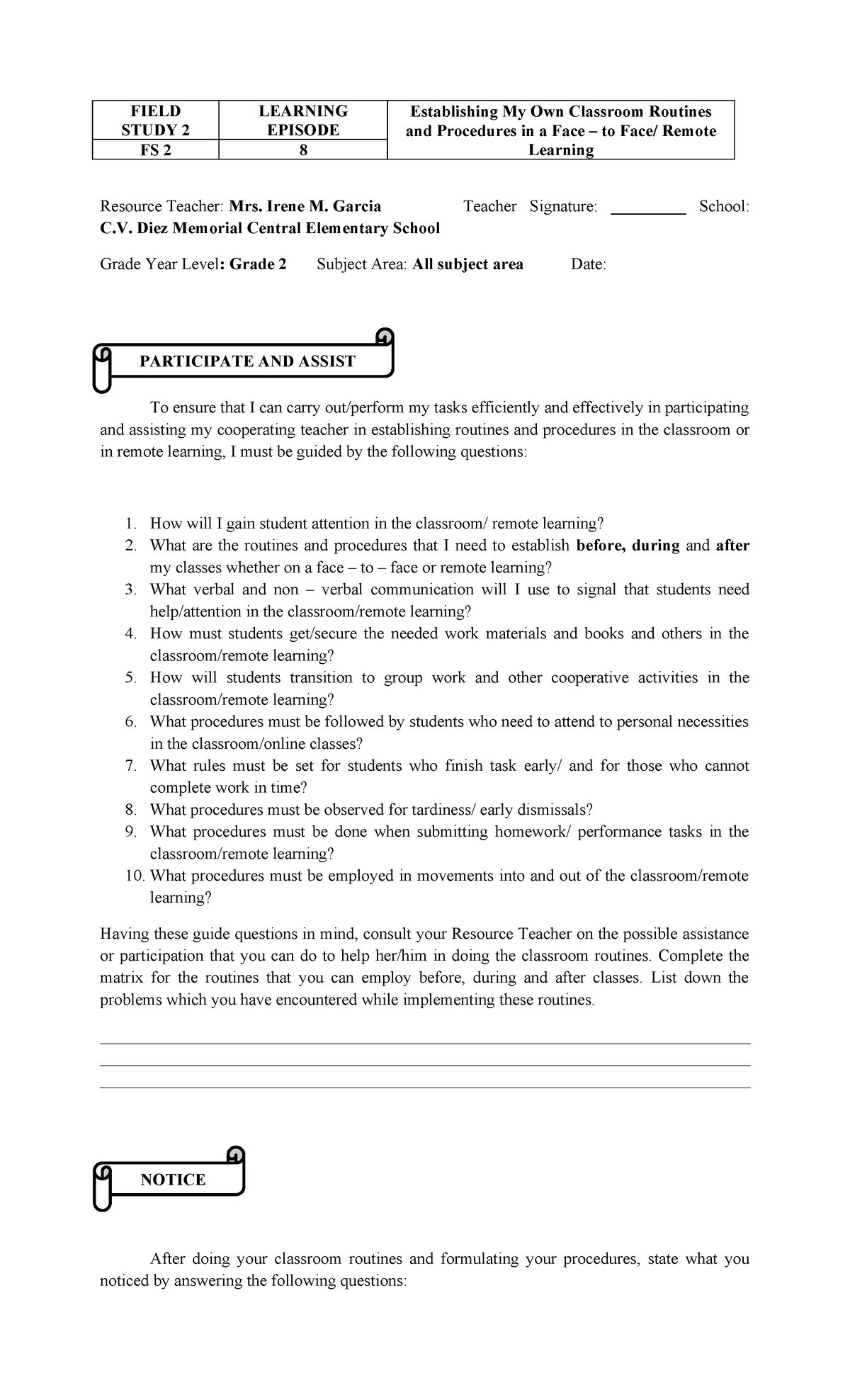 FS2-EP8 - ;,;'kl - PARTICIPATE AND ASSIST NOTICE FIELD STUDY 2 LEARNING ...