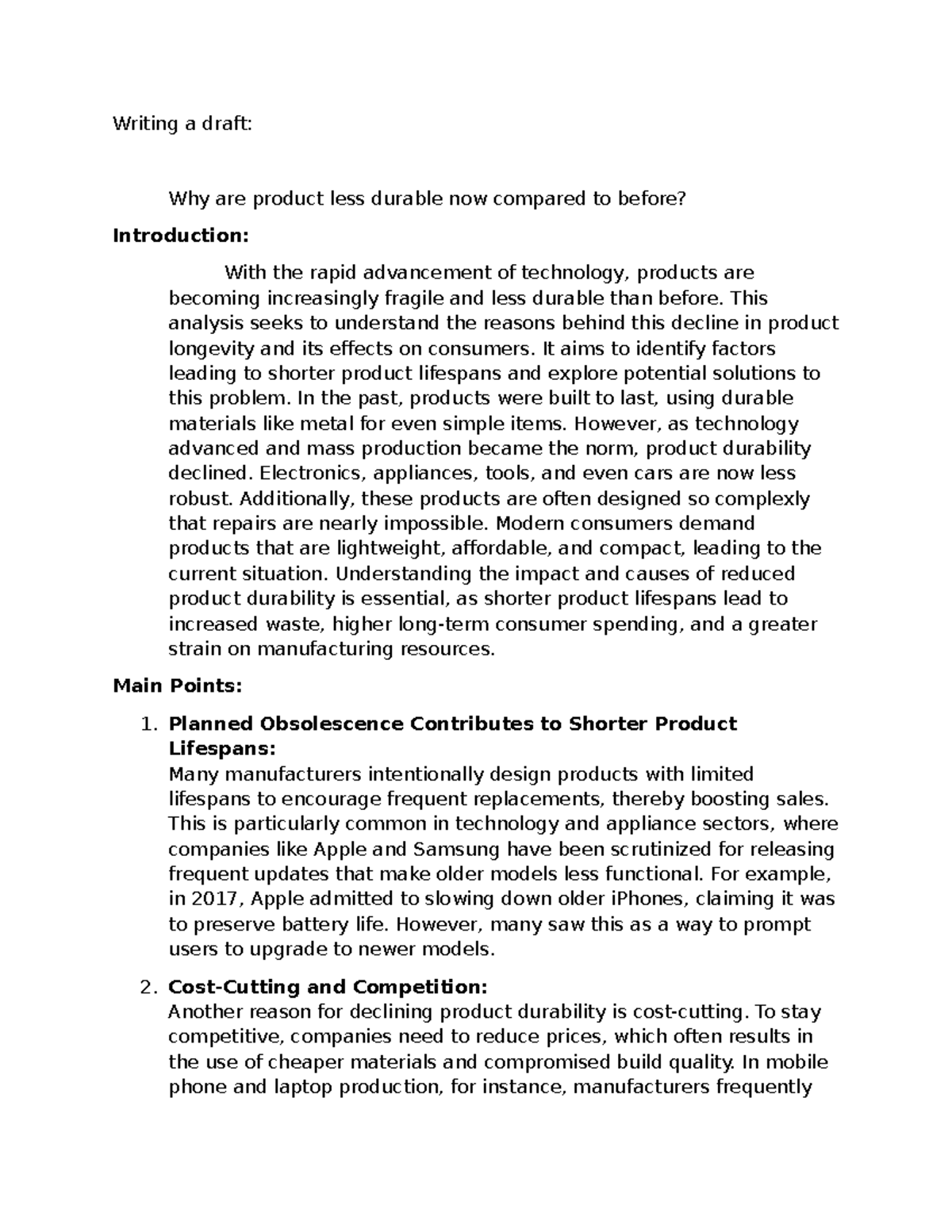 Writing a draft - tutorial work - Writing a draft: Why are product less ...