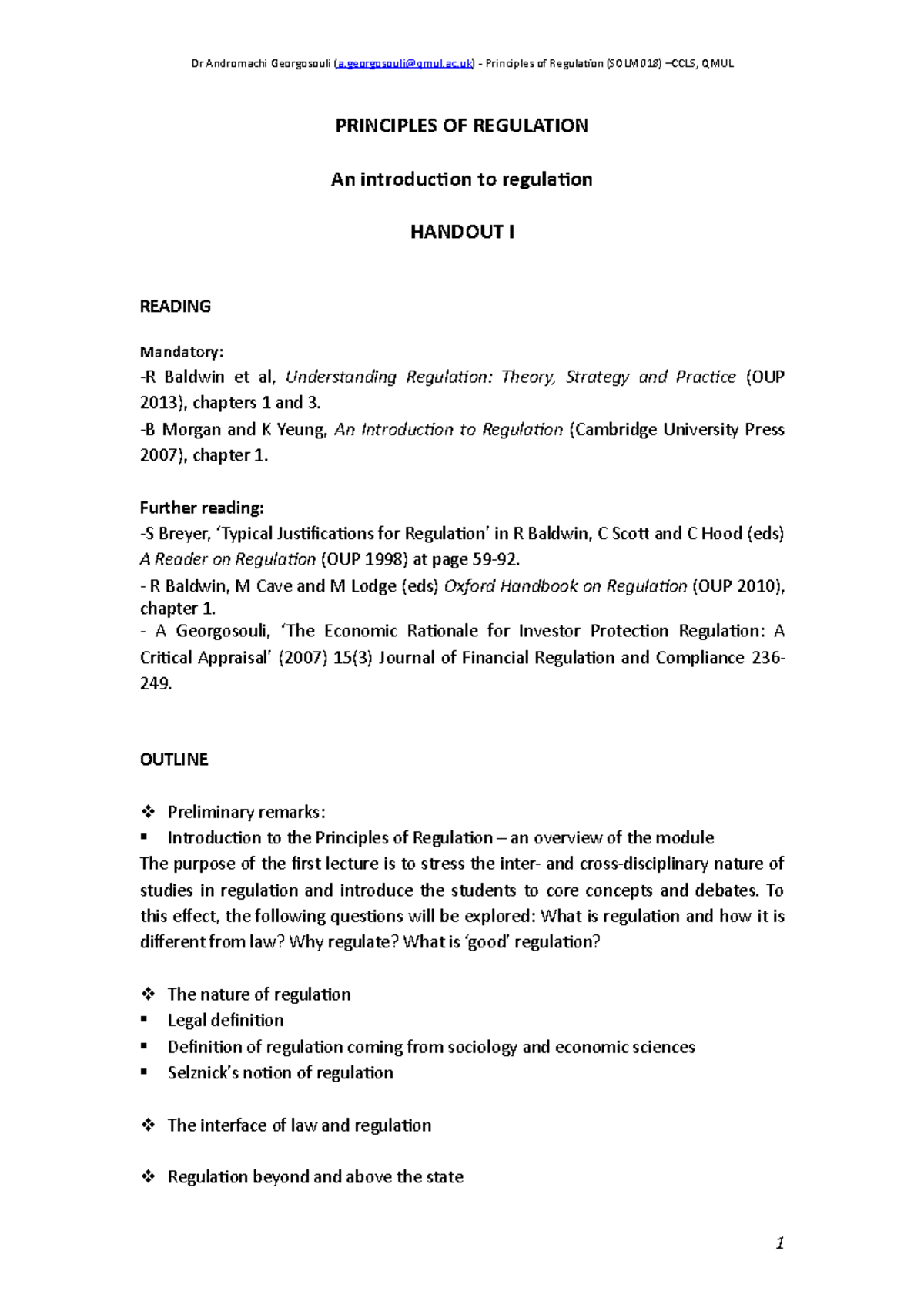 Principles of Regulation: Introduction Definitions Rationales and ...