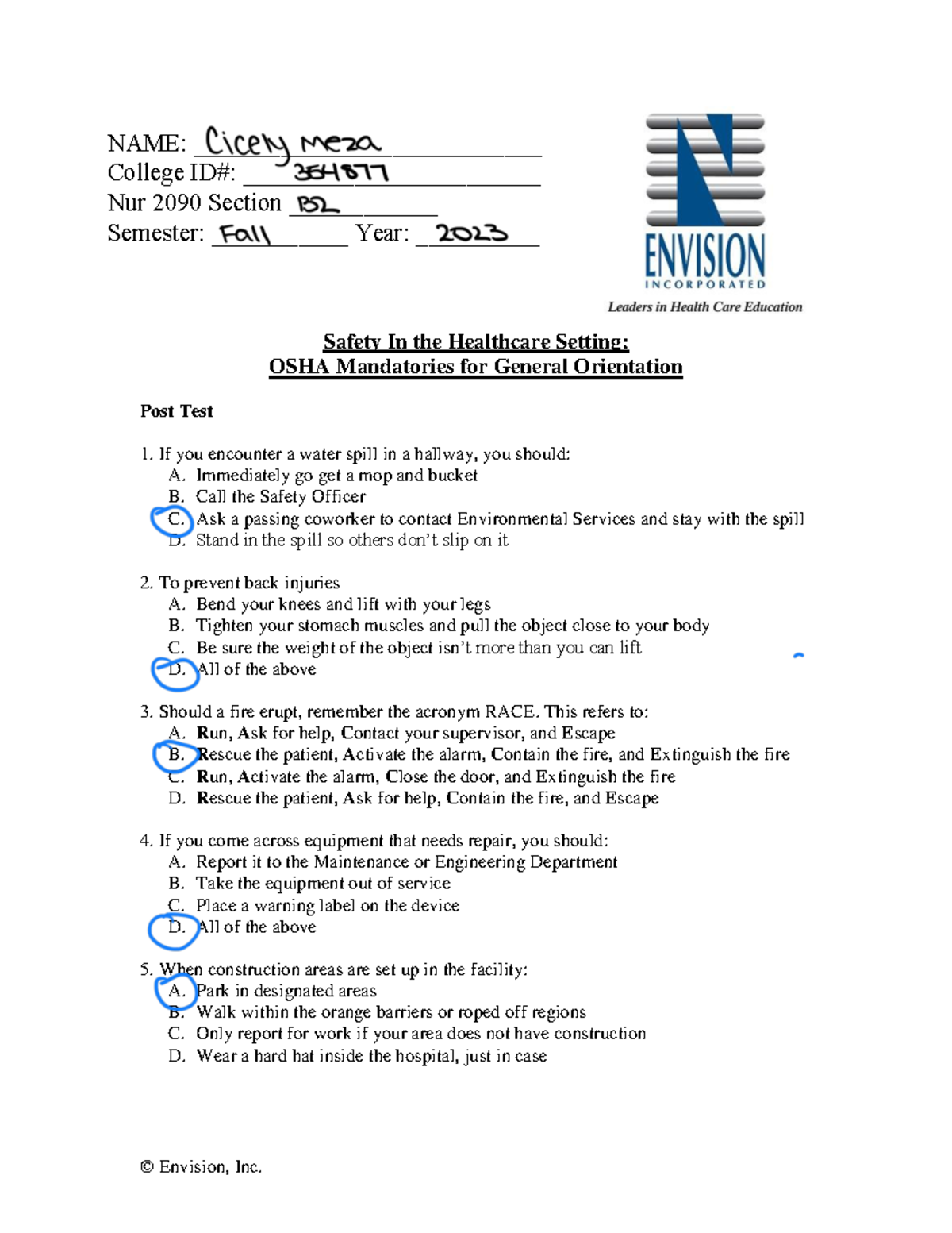 Safety+General+Orientation+Post+Test - © Envision, Inc. Safety In the ...
