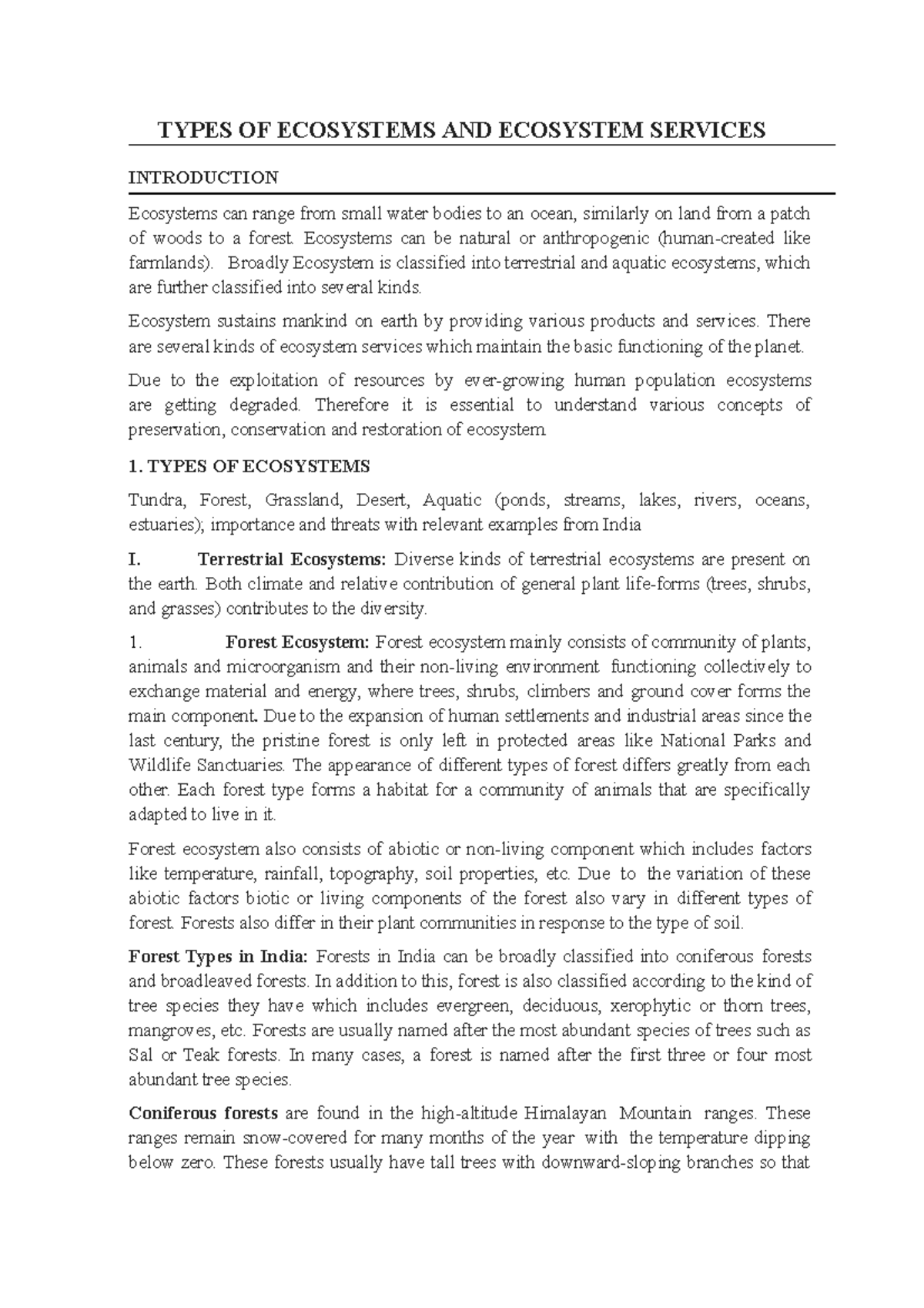 UNIT 2 Ecosystem - TYPES OF ECOSYSTEMS AND ECOSYSTEM SERVICES INTRODUCTION Ecosystems can range ...