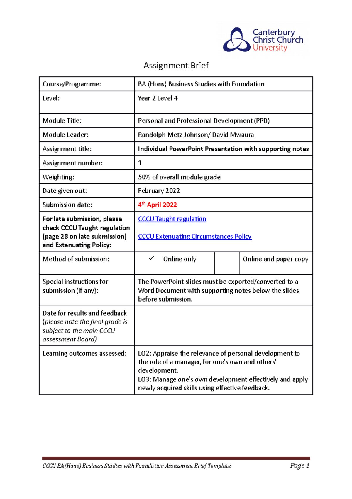 PPD Assignment 1-CCCU LSC BABS with Foundation Assessment brief ...