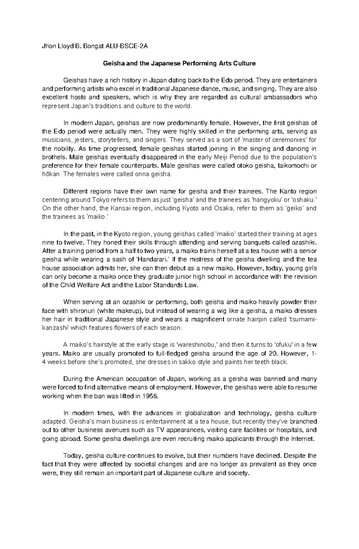 Summary on Japanese Geisha Culture and its History - Jhon Lloyd B ...