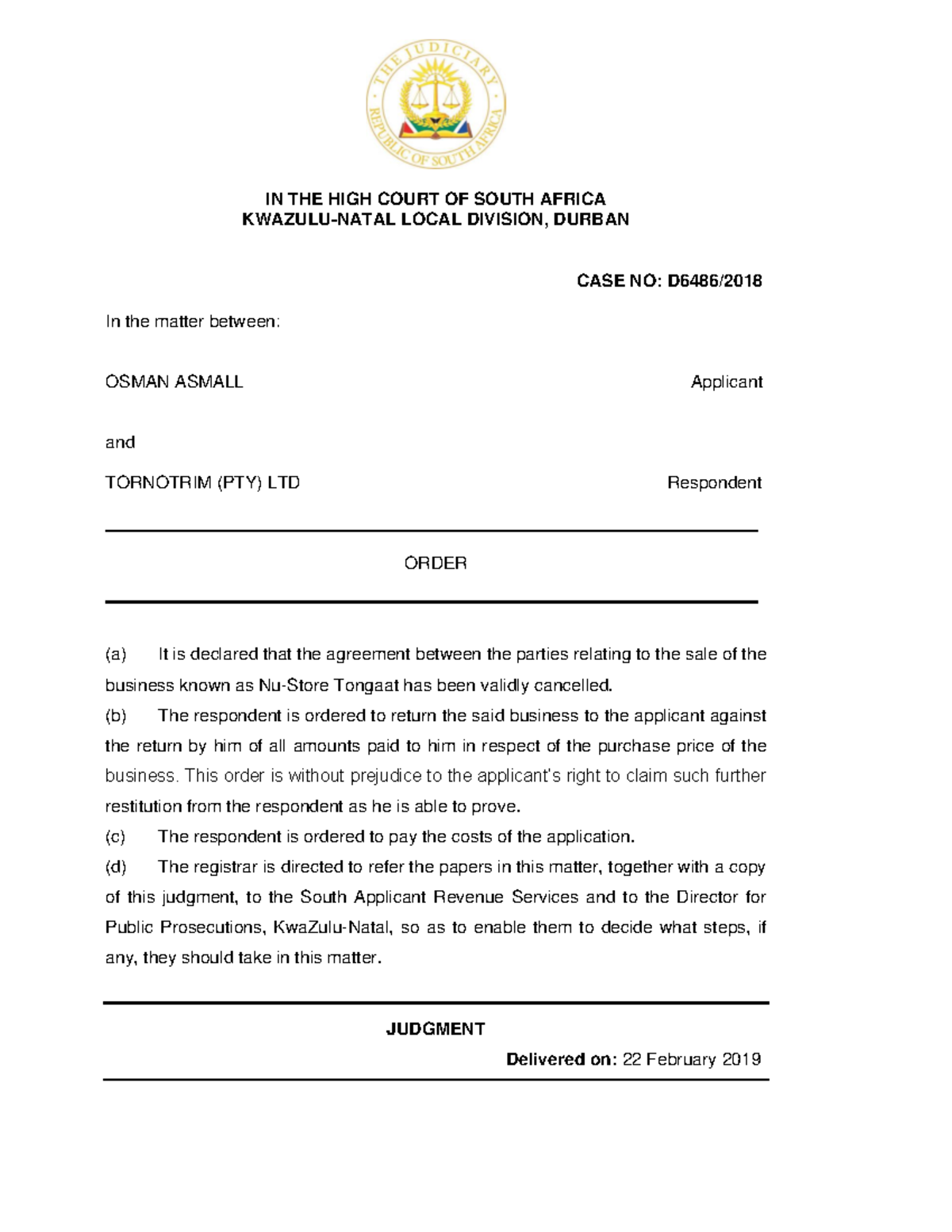 2 (13) - Case law - Warning: TT: undefined function: 32 IN THE HIGH COURT OF SOUTH AFRICA - Studocu