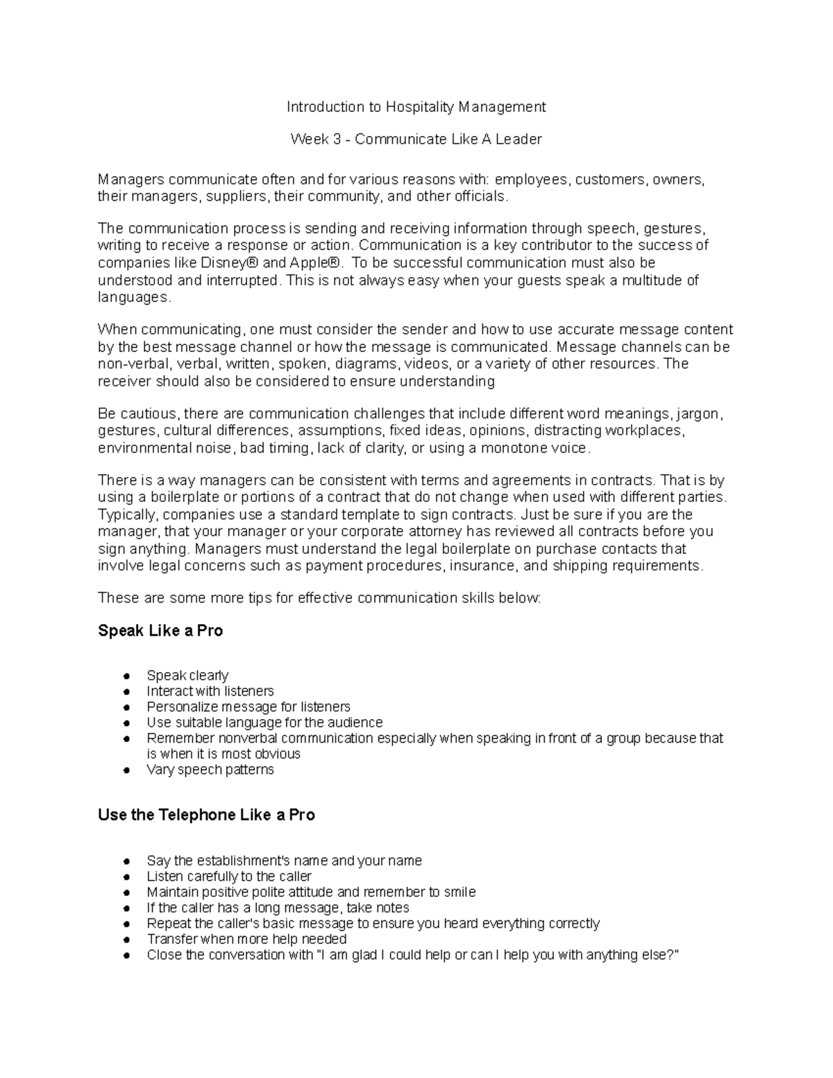 Introduction of Hospitality Management. Week 3 (Notes) Communicate Like ...