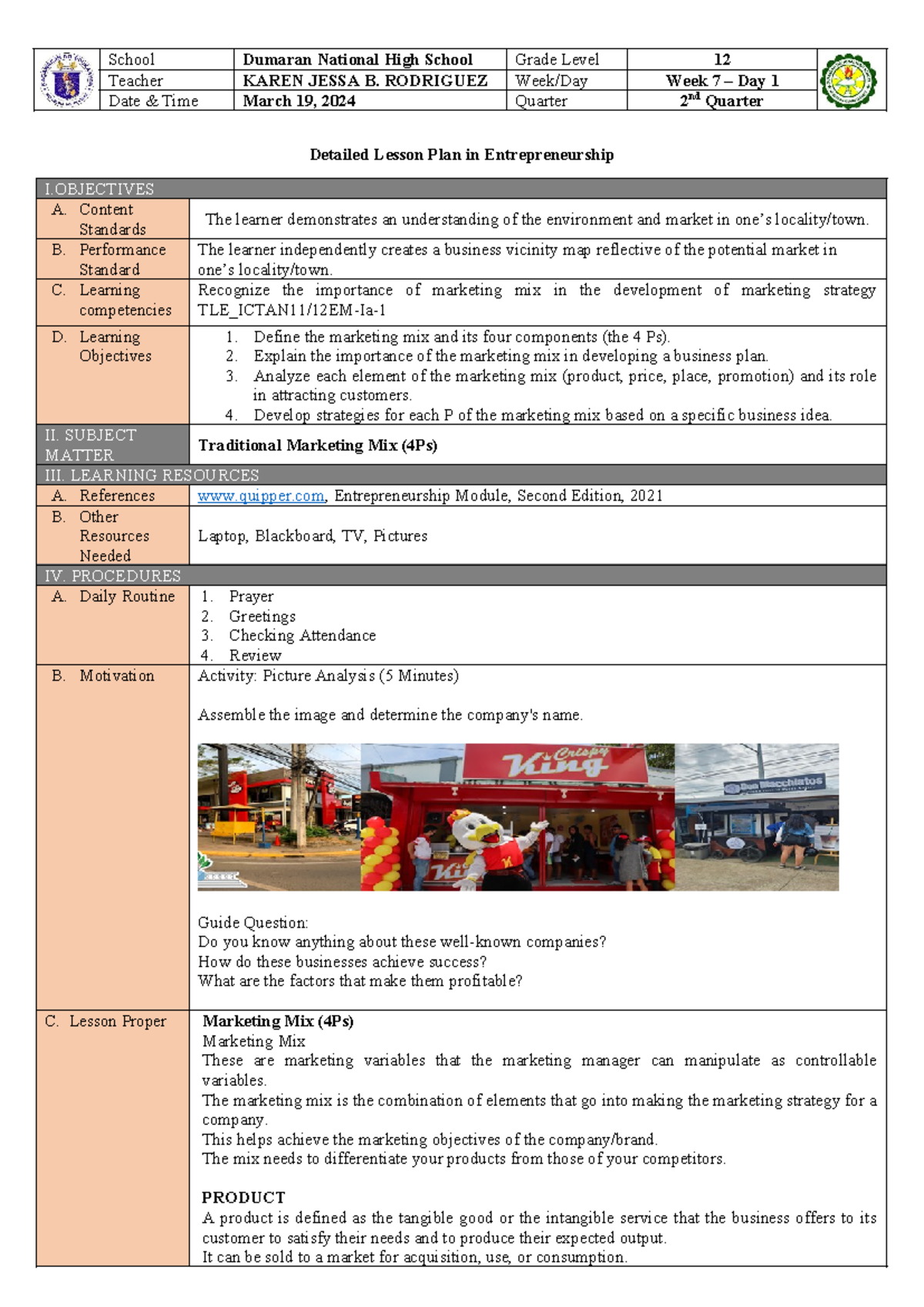 Marketing Mix Lesson Plan - School Dumaran National High School Grade ...