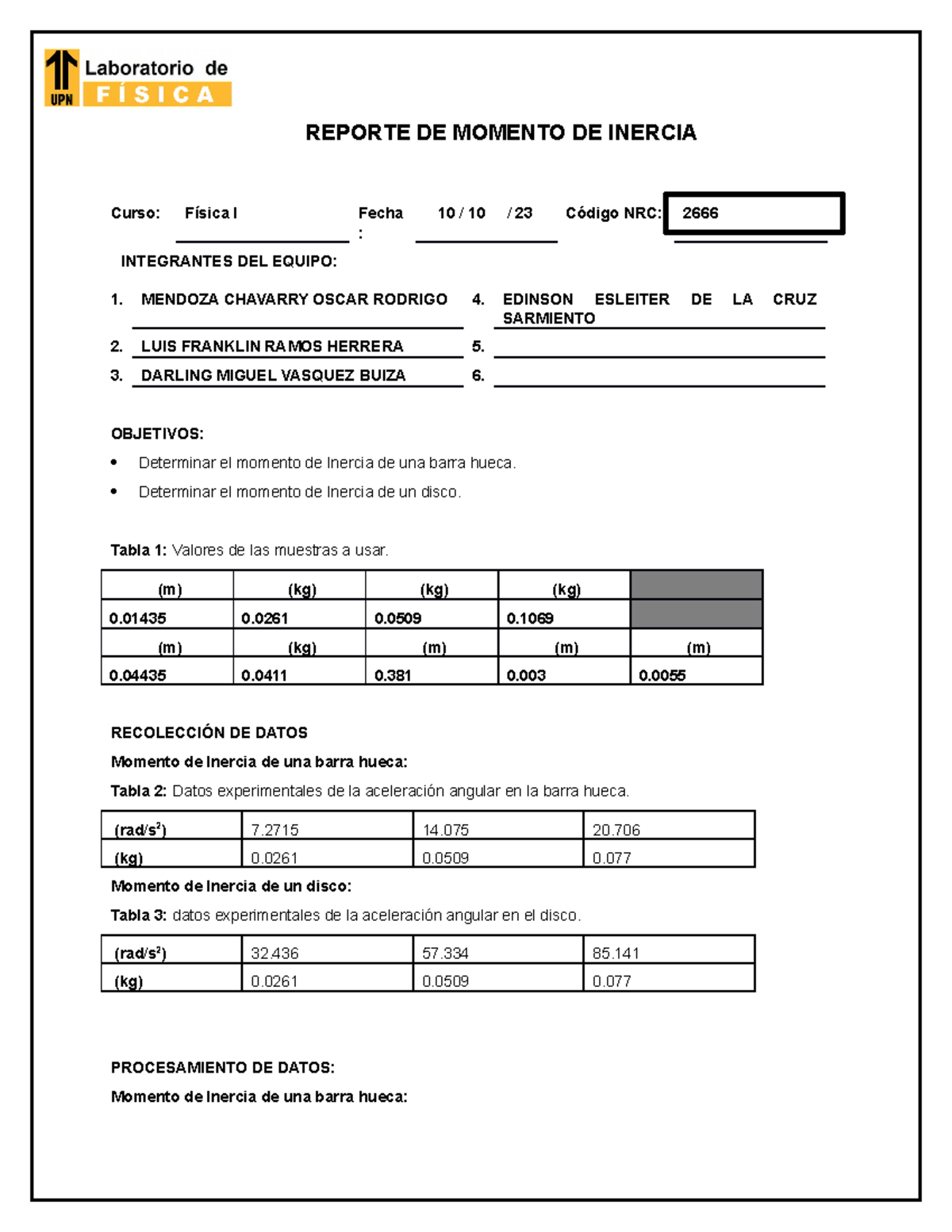 Reporte LAB FISI1 S13 MI - REPORTE DE MOMENTO DE INERCIA Curso: Física ...