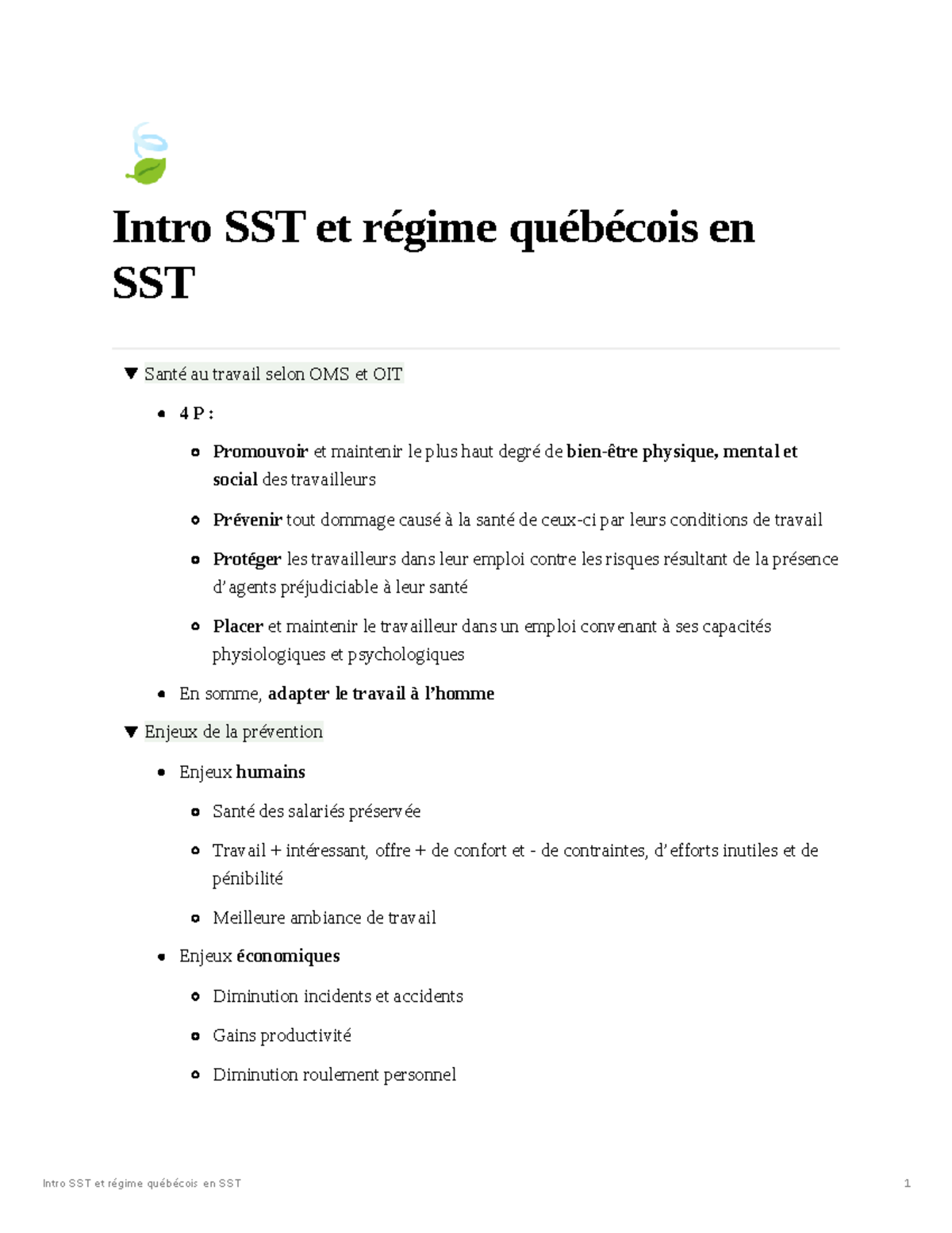 Intro SST et régime québécois en SST - 🍃 Intro SST et régime québécois ...