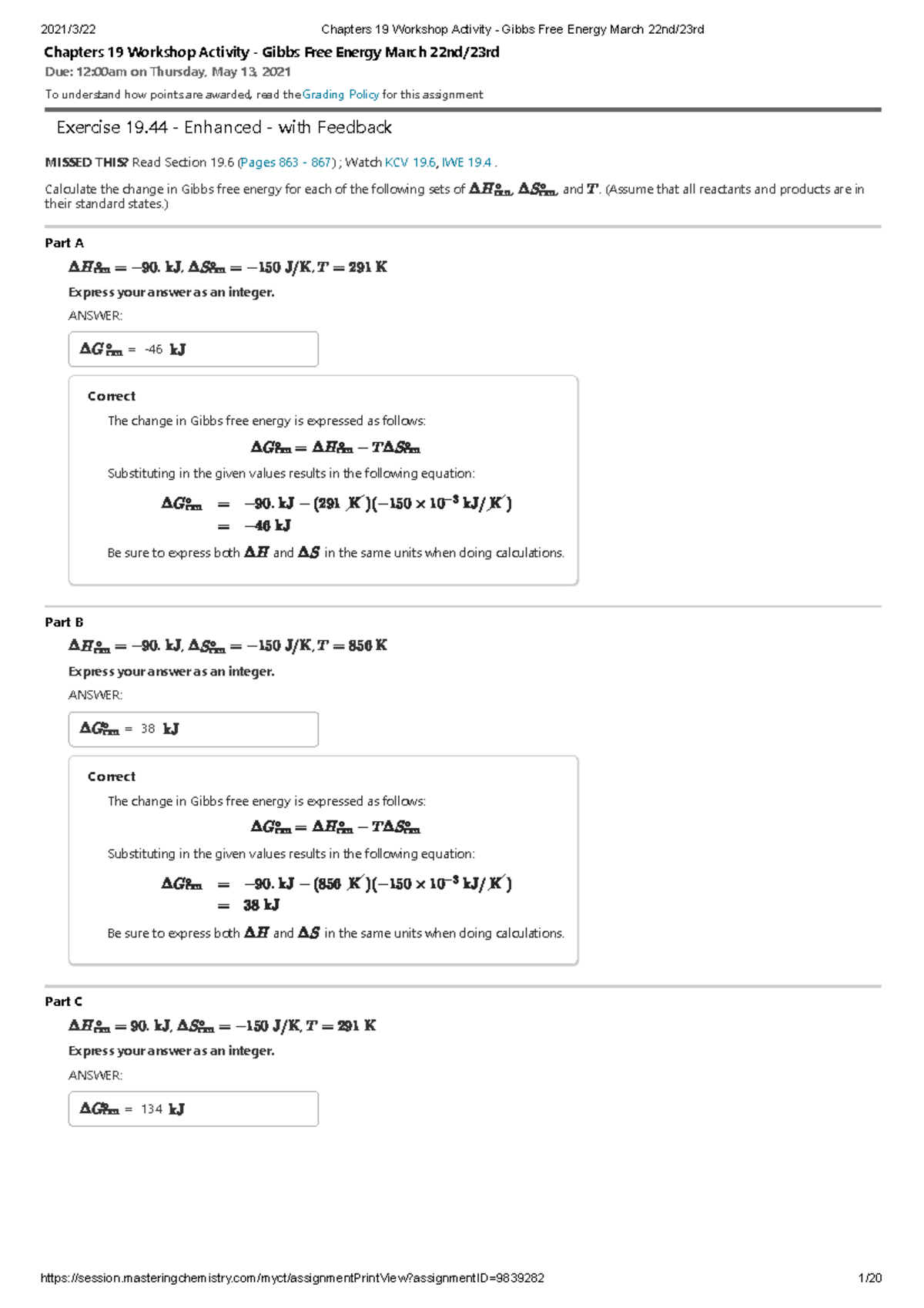 Chapters 19 Workshop Activity - Gibbs Free Energy March 22nd 23rd ...
