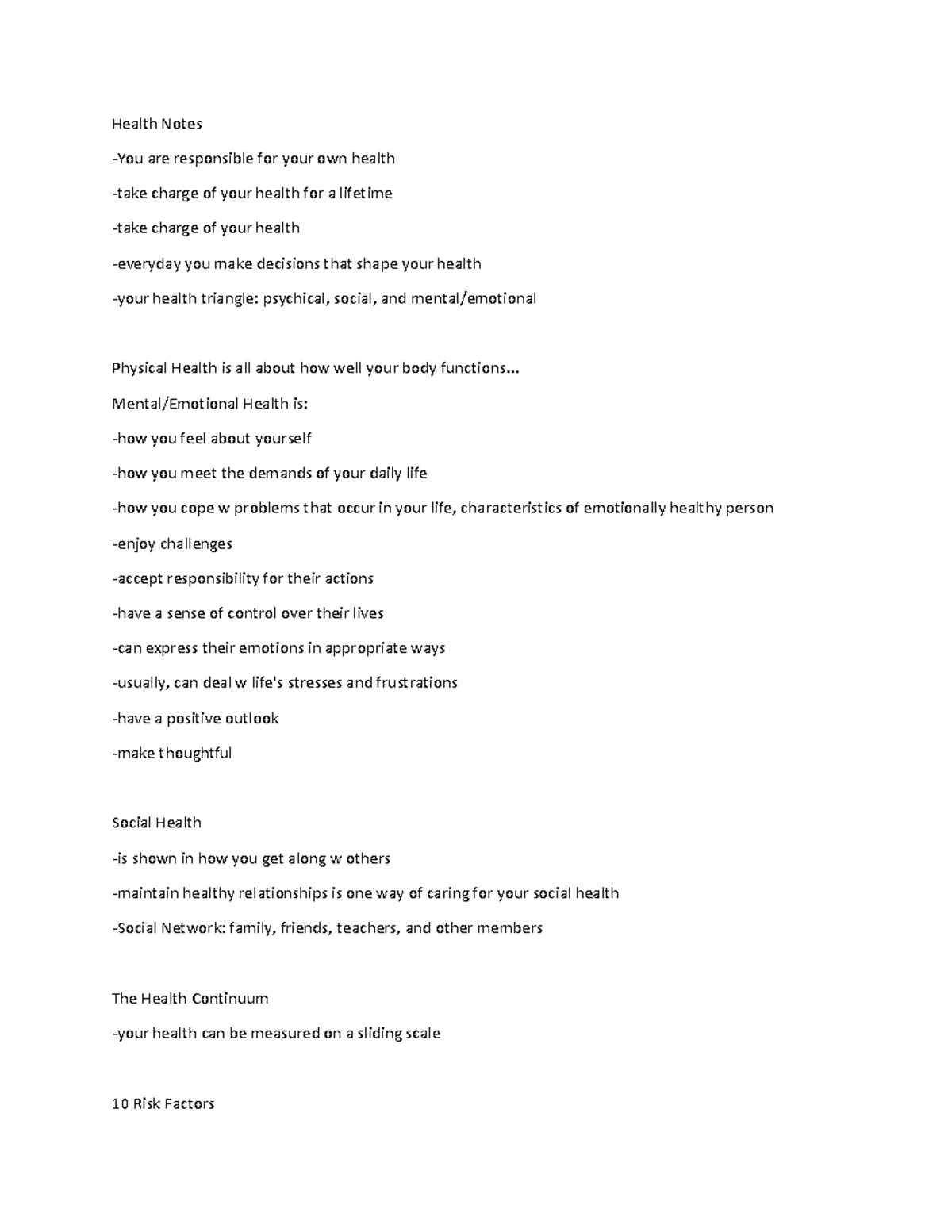 Intro to Health Notes - Health Notes -You are responsible for your own ...