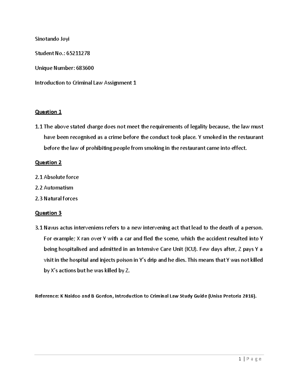 CRW1501 Assignment 1 65211278 - 1 | P a g e Sinotando Joyi Student No ...