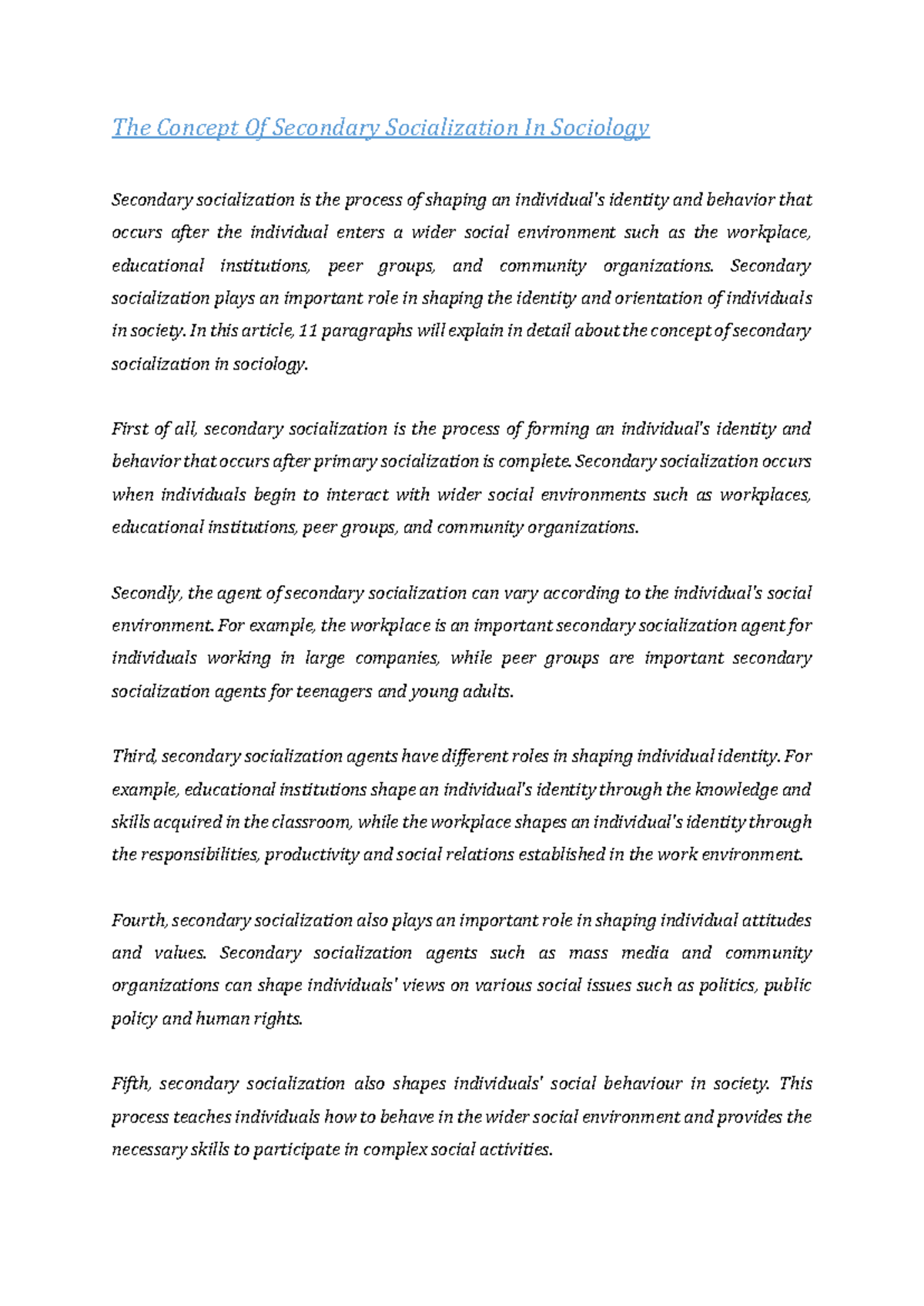 The Concept Of Secondary Socialization In Sociology - Secondary ...