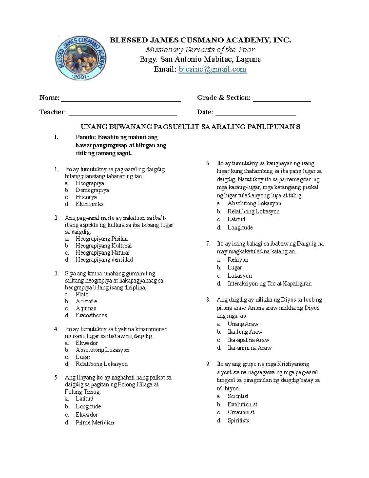 AP 8 First Monthly EXAM - I. Panuto: Basahin ng mabuti ang bawat ...