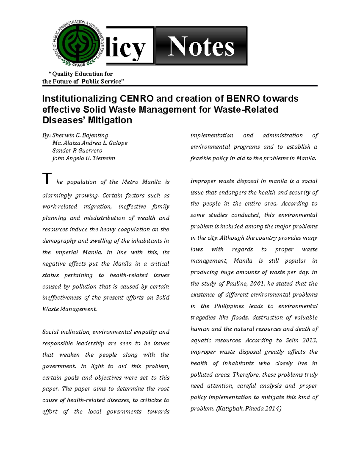 Policy Notes - Policy Notes “Quality Education for the Future of Public ...