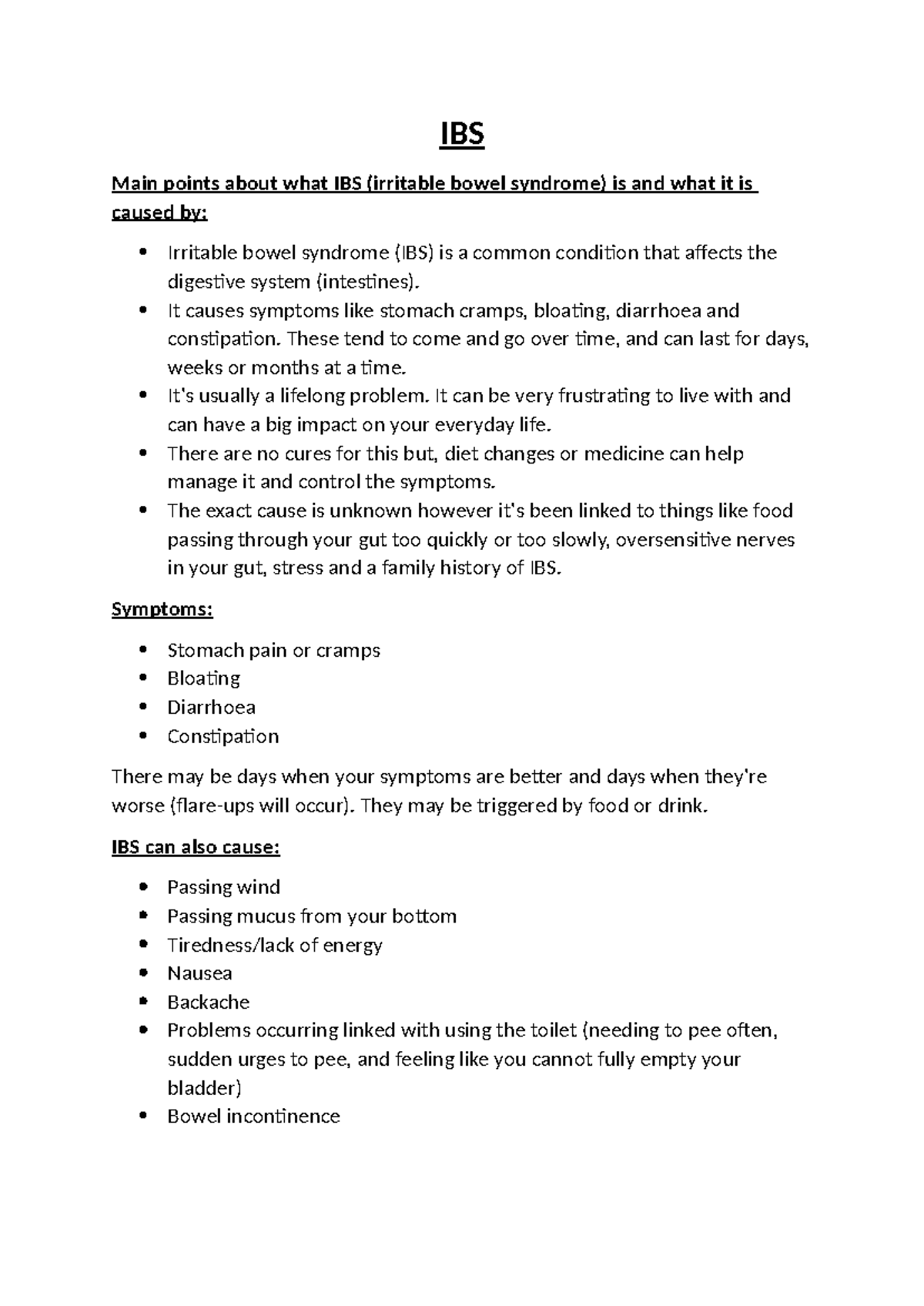 IBS - unit 8 interim task 3 - IBS Main points about what IBS (irritable ...